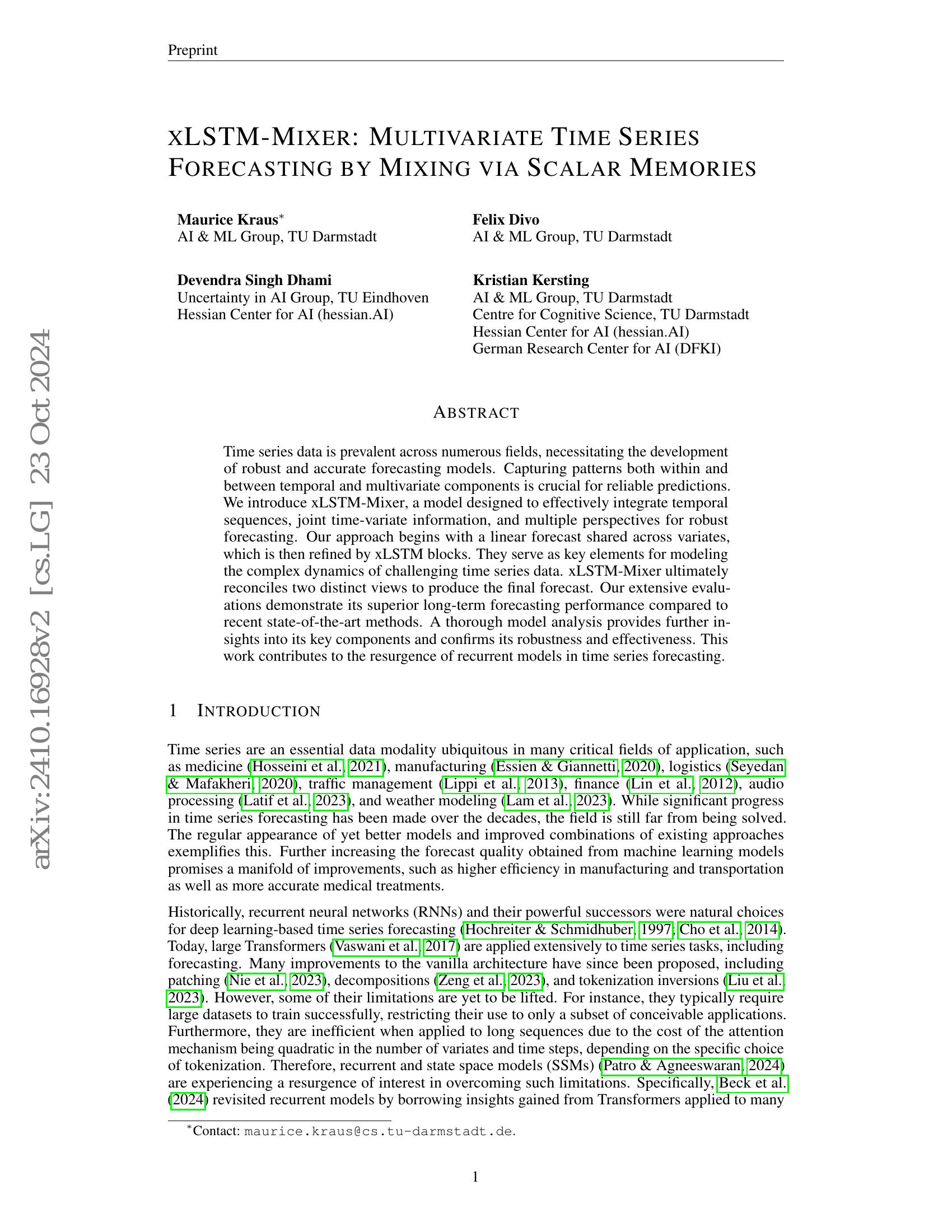 xLSTM-Mixer: Multivariate Time Series Forecasting by Mixing via Scalar ...