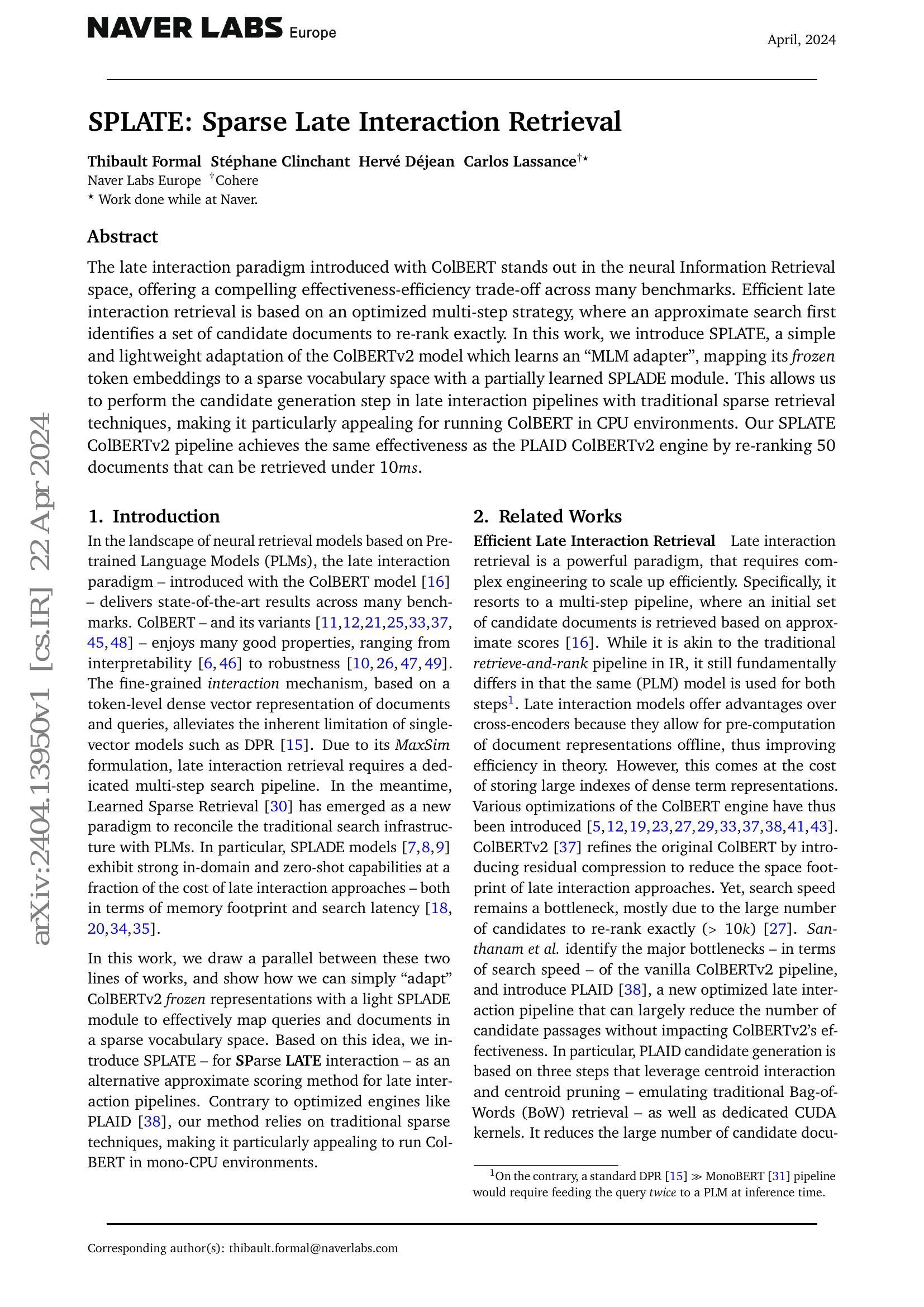 SPLATE: Sparse Late Interaction Retrieval - 智源社区论文
