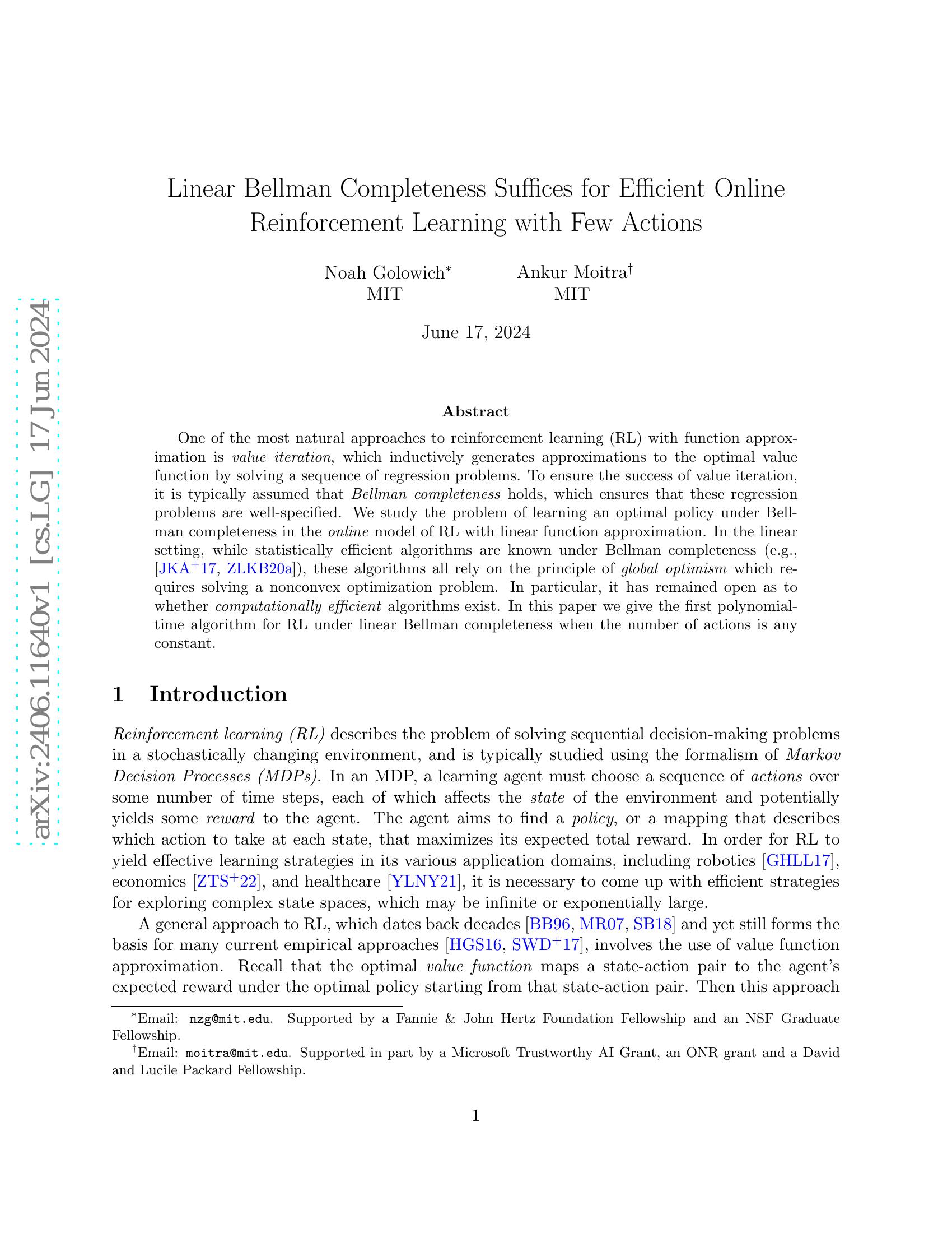 Linear Bellman Completeness Suffices for Efficient Online Reinforcement Learning with Few ...
