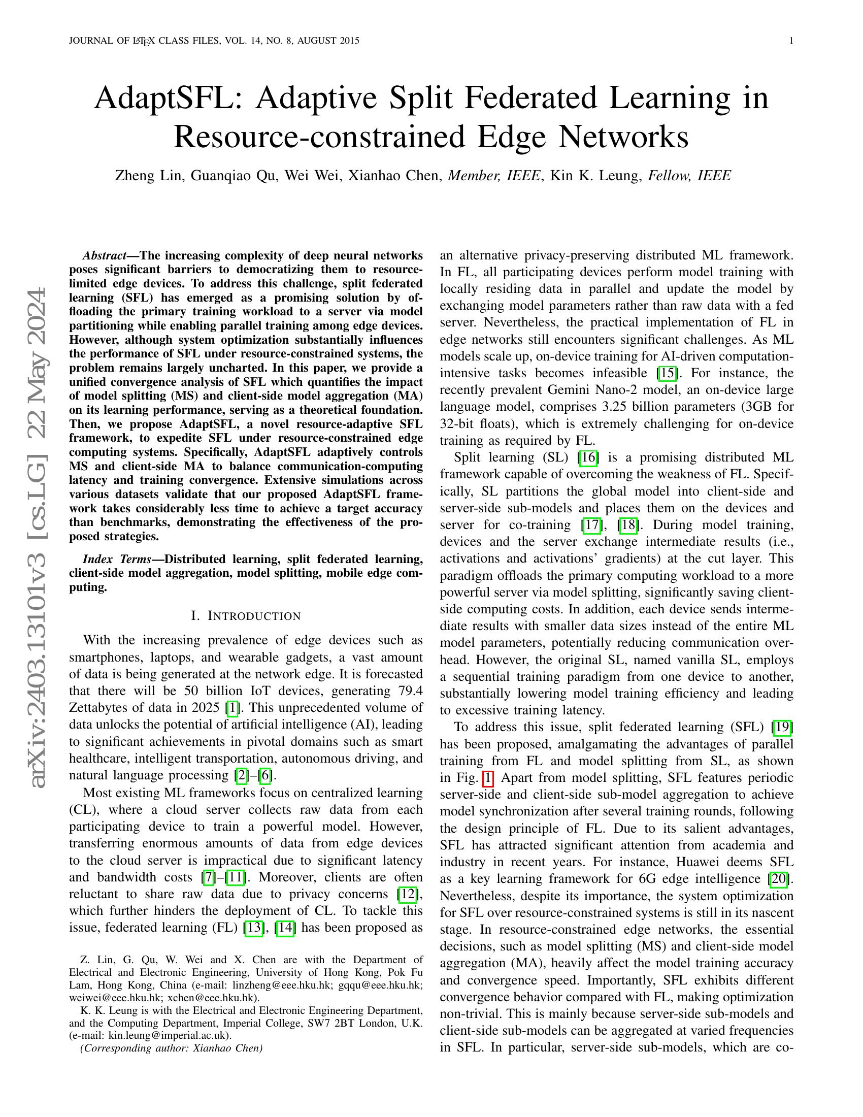 AdaptSFL: Adaptive Split Federated Learning in Resource-constrained ...
