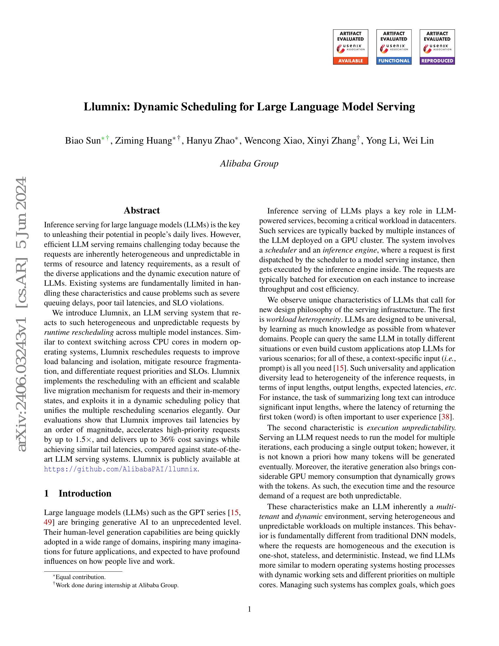 Llumnix: Dynamic Scheduling for Large Language Model Serving - 智源社区论文