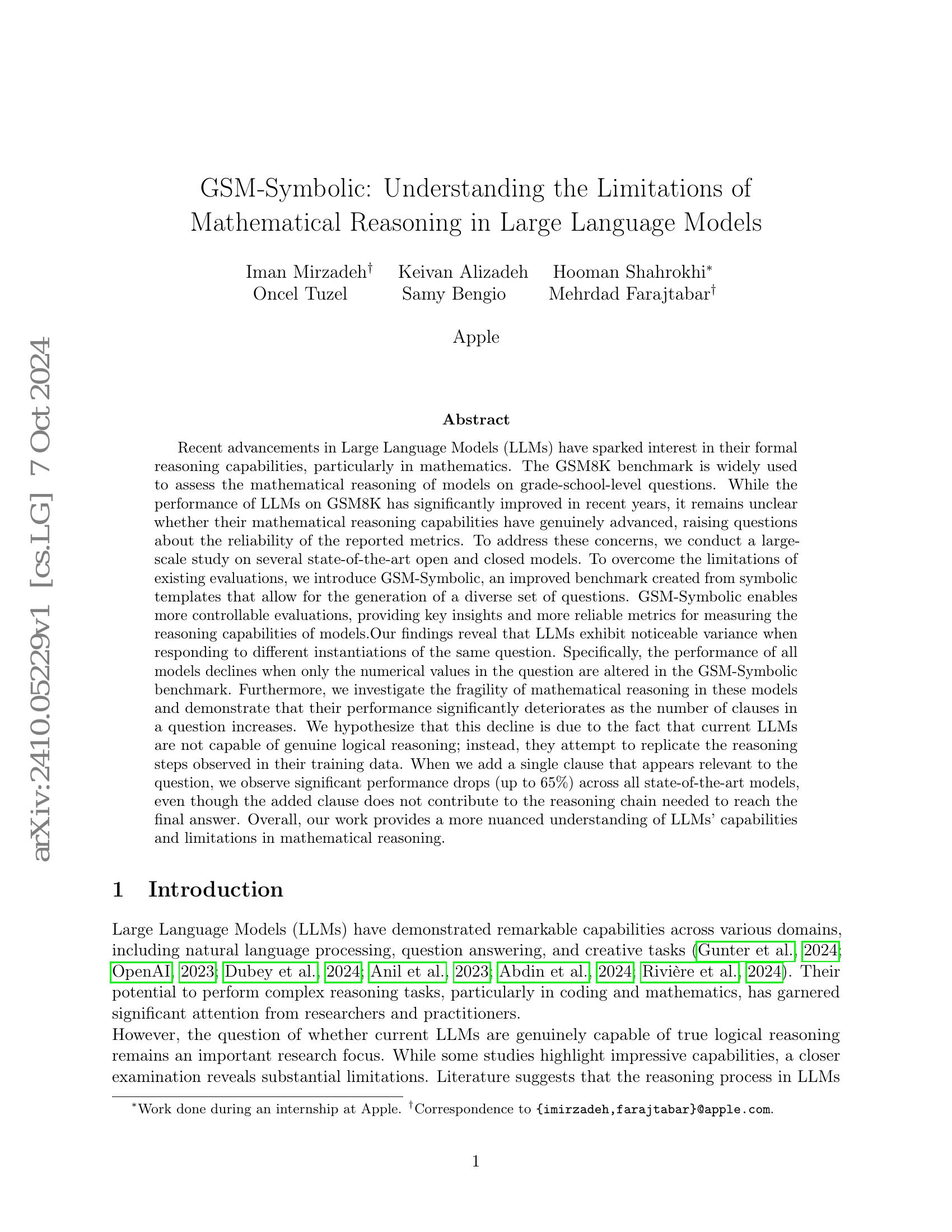 GSM-Symbolic: Understanding the Limitations of Mathematical Reasoning in Large Language Models ...