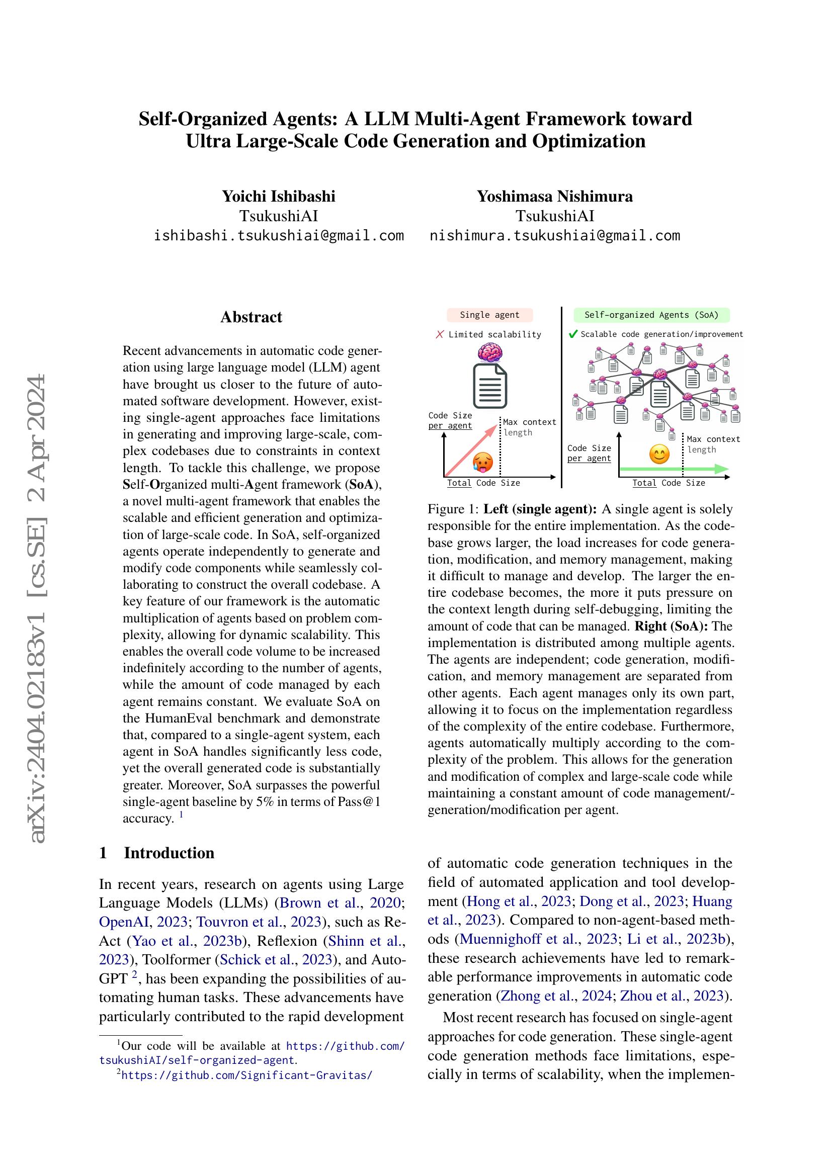 Self-Organized Agents: A LLM Multi-Agent Framework toward Ultra Large-Scale Code Generation and ...