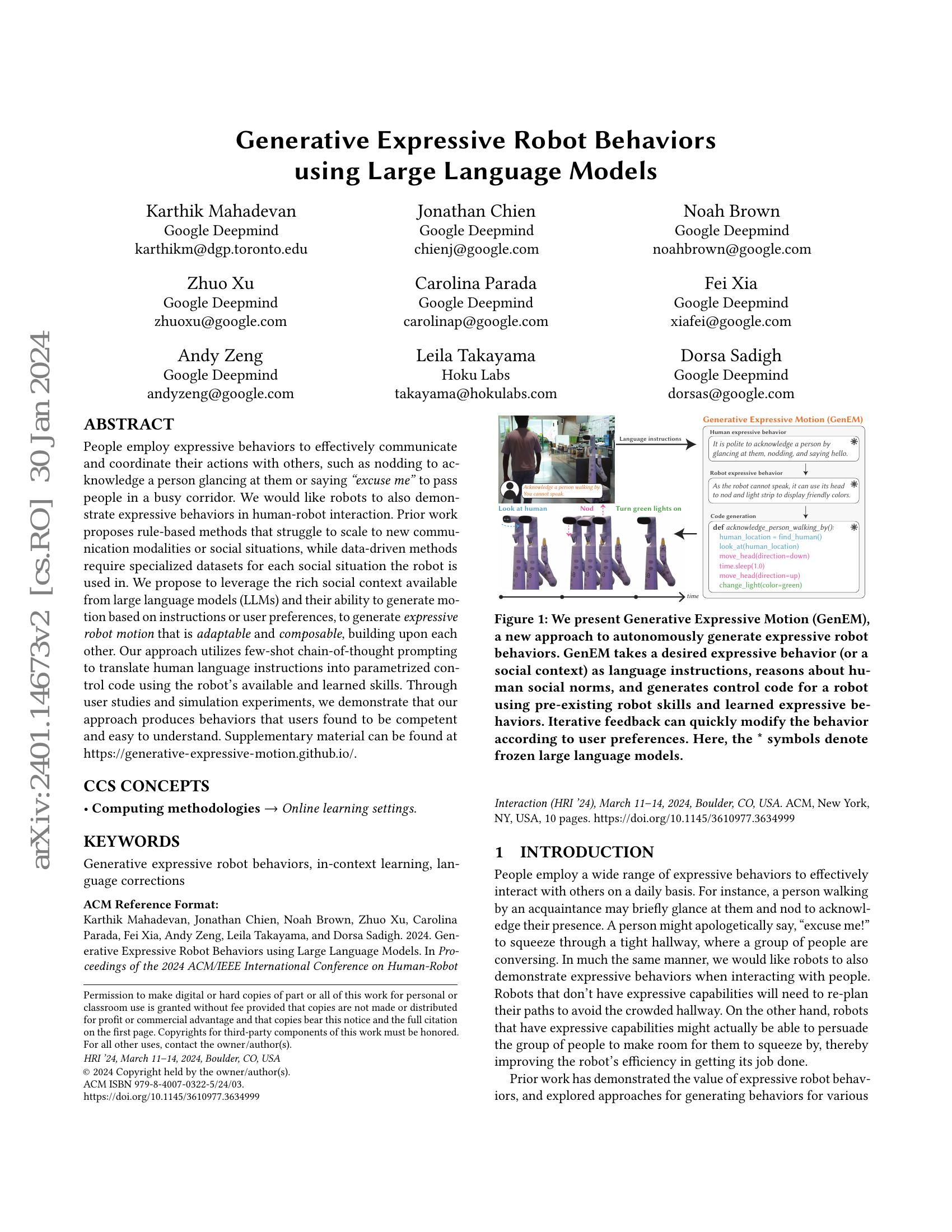 Generative Expressive Robot Behaviors using Large Language Models - 智源社区论文