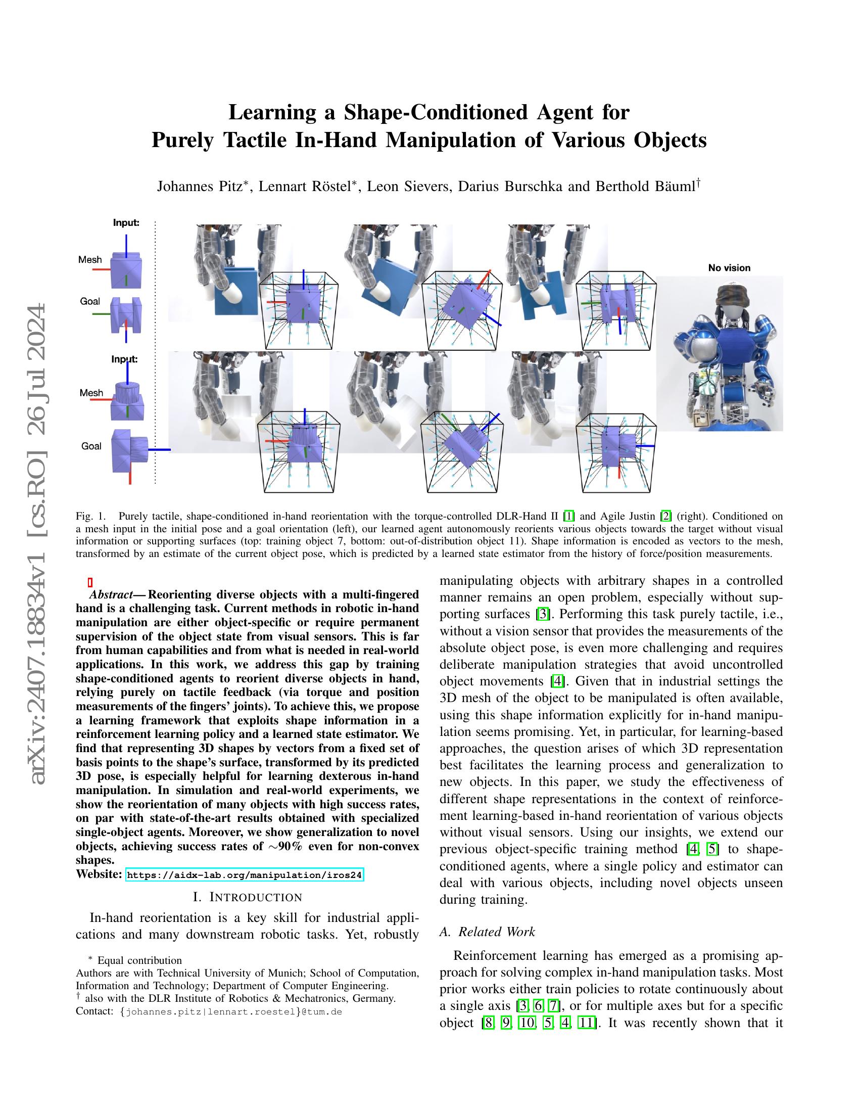 Learning a Shape-Conditioned Agent for Purely Tactile In-Hand Manipulation of Various Objects ...