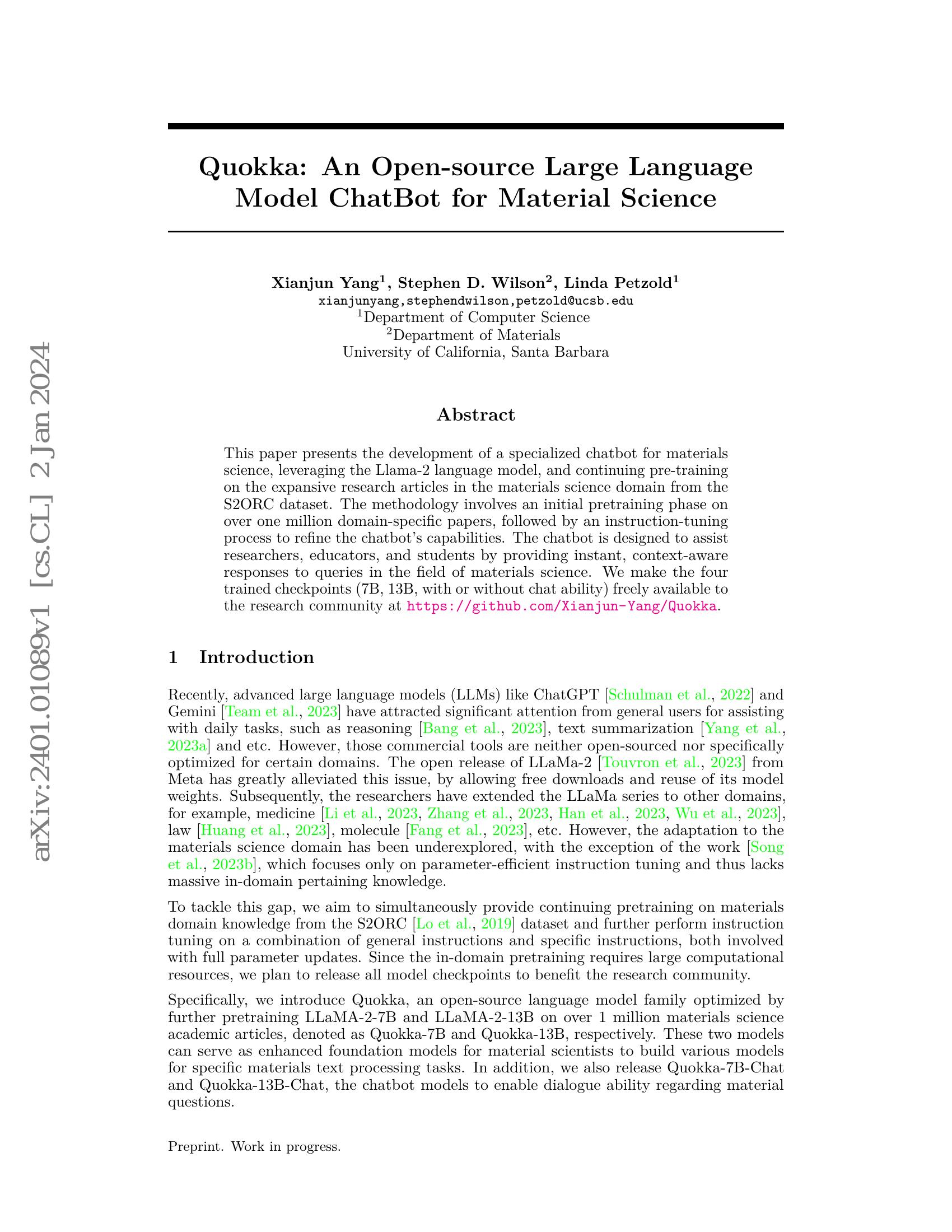 Quokka: An Open-source Large Language Model ChatBot for Material ...