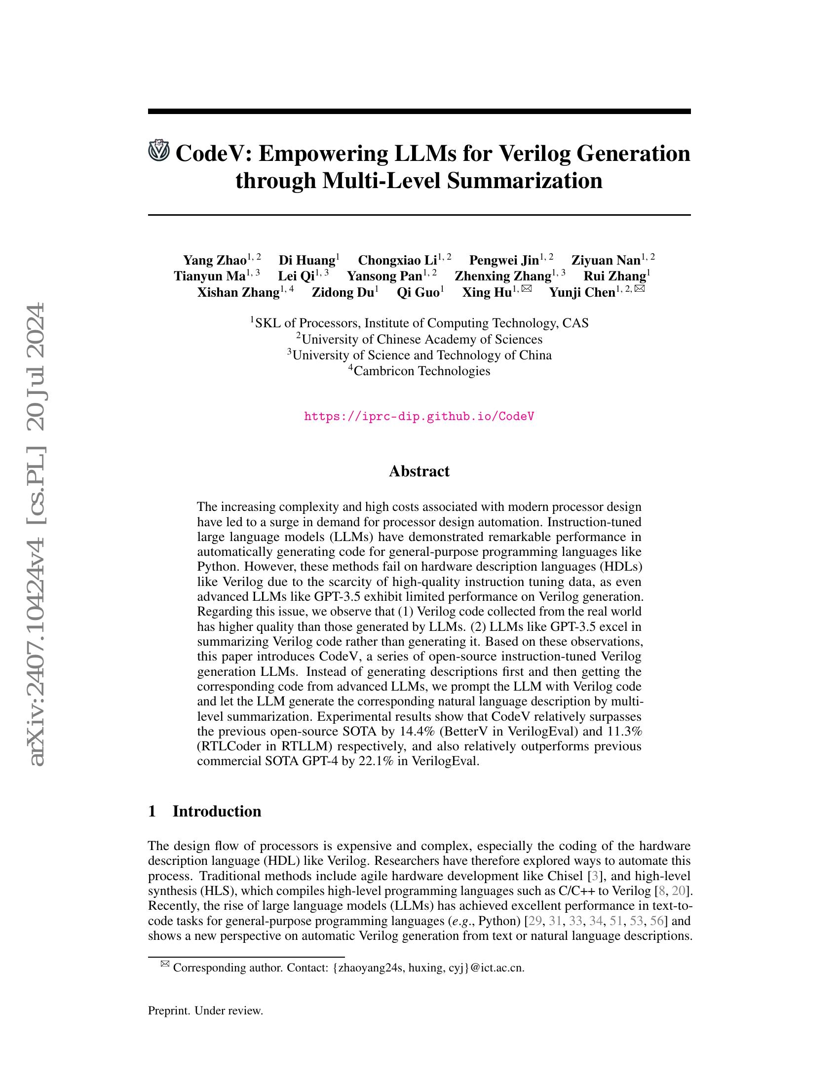 CodeV: Empowering LLMs for Verilog Generation through Multi-Level Summarization - 智源社区论文