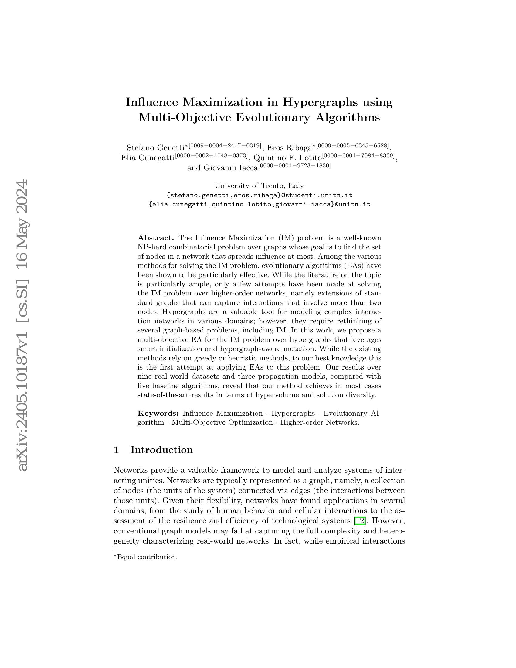 Influence Maximization in Hypergraphs using Multi-Objective Evolutionary Algorithms - 智源社区论文