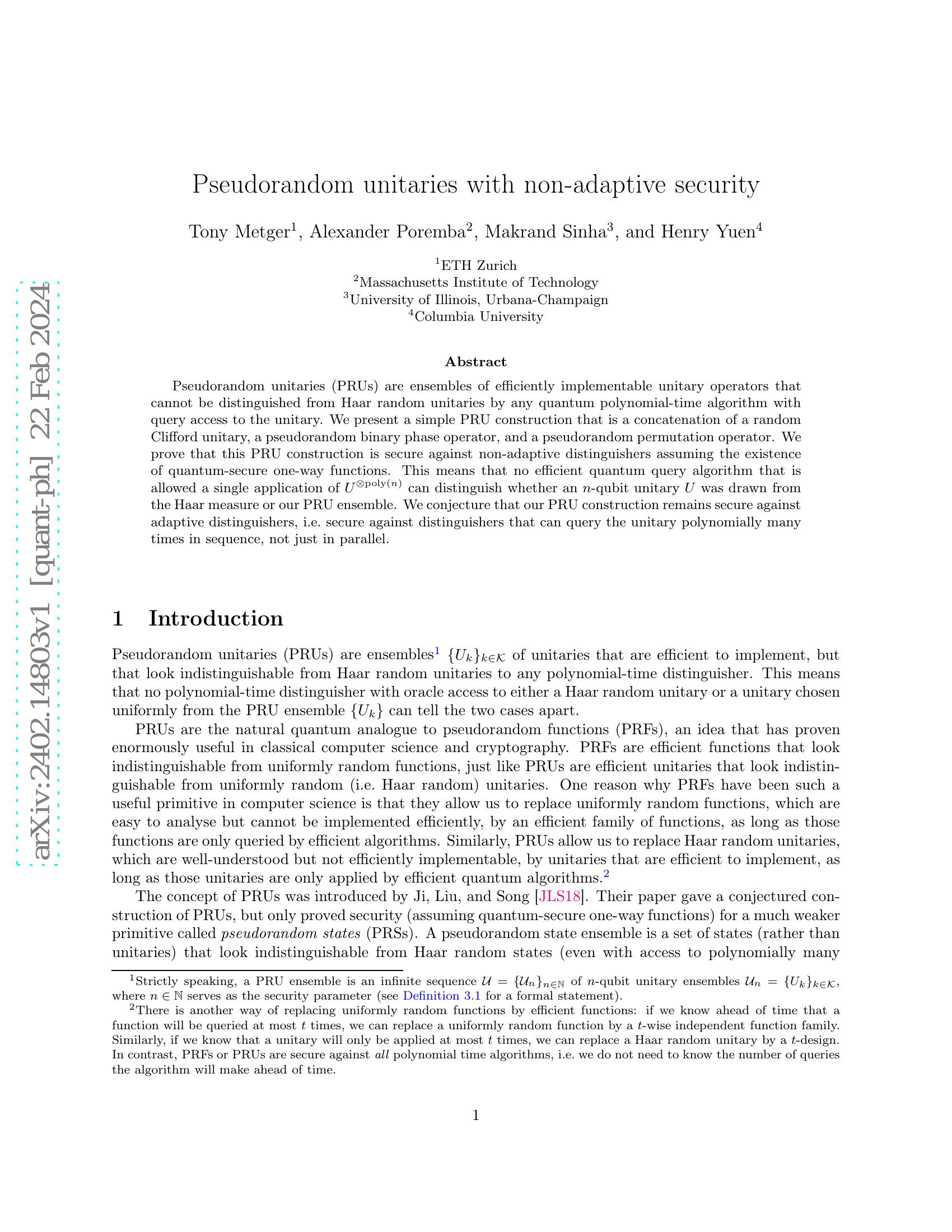 Pseudorandom unitaries with non-adaptive security - 智源社区论文