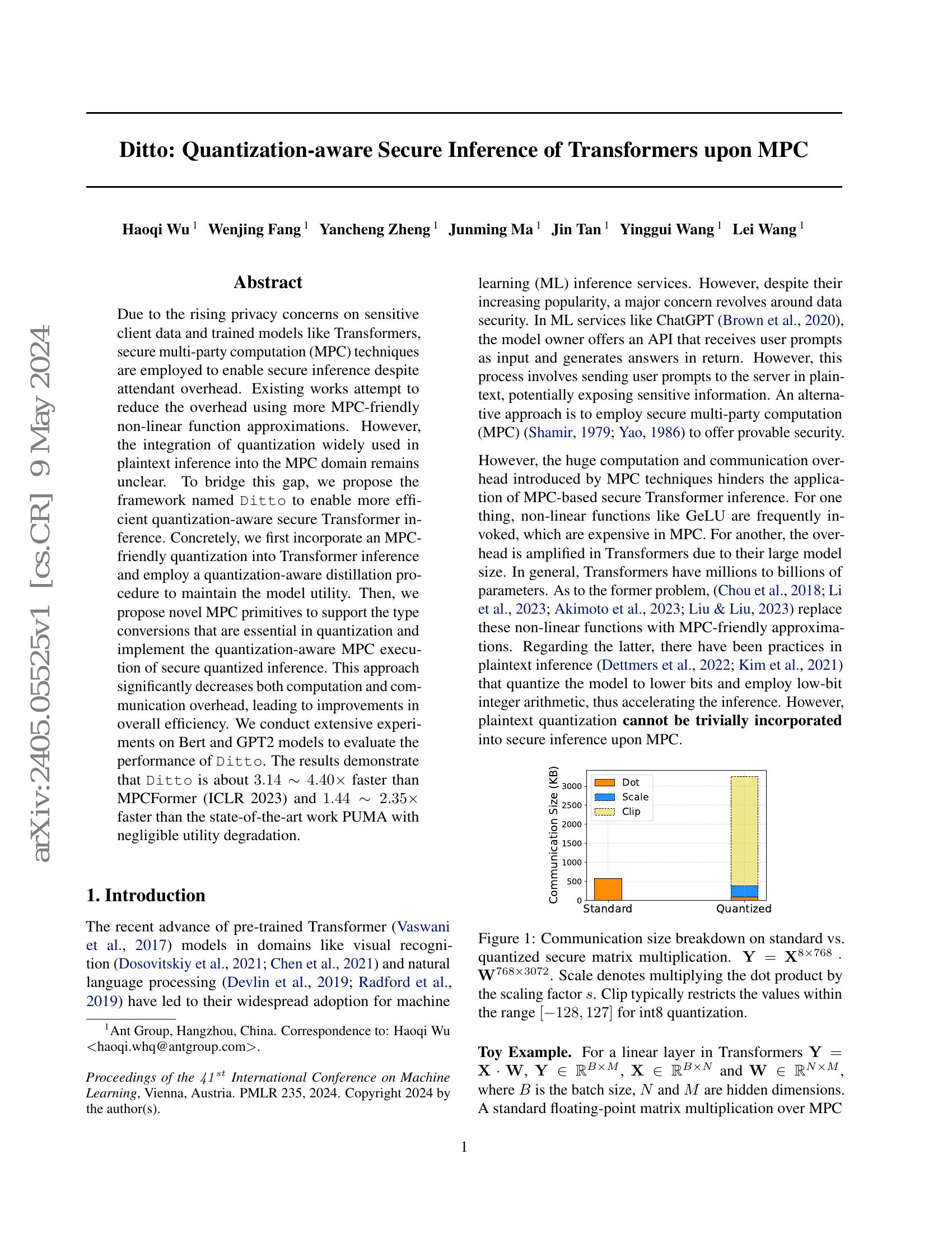 Ditto: Quantization-aware Secure Inference of Transformers upon MPC - 智源社区论文