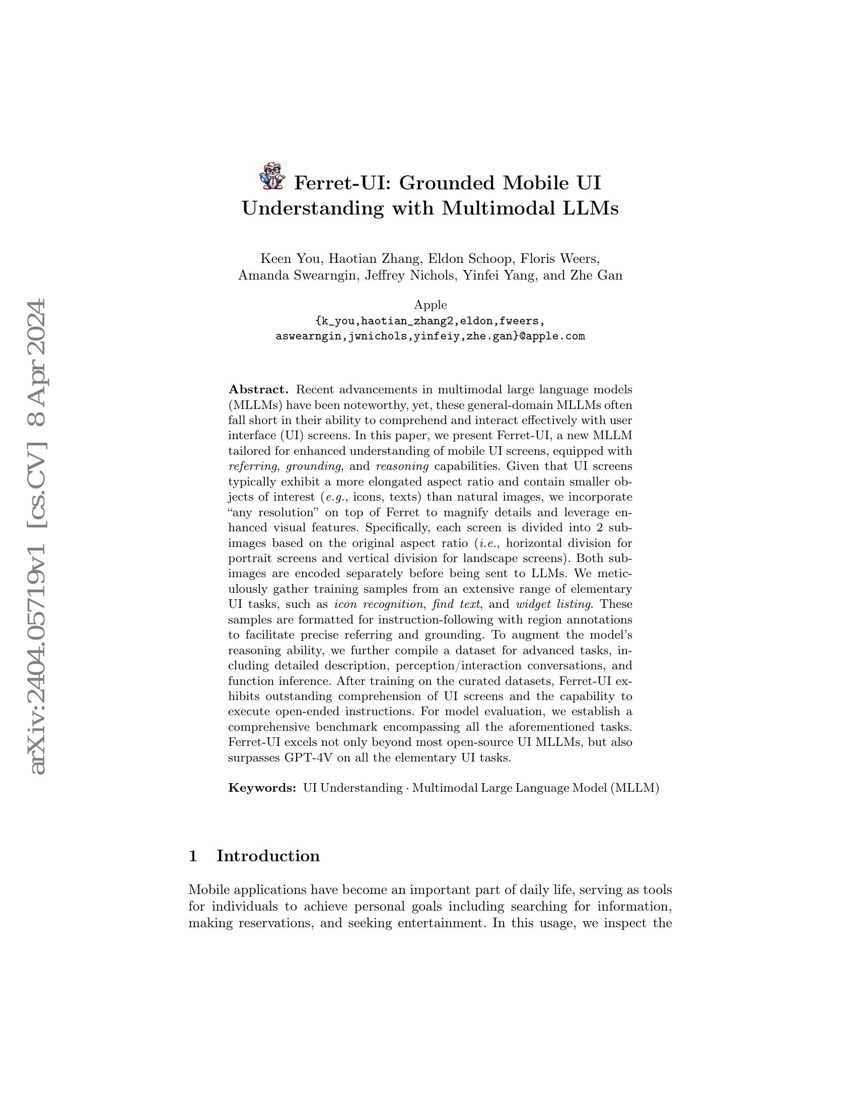Ferret-UI: Grounded Mobile UI Understanding with Multimodal LLMs - 智源社区论文