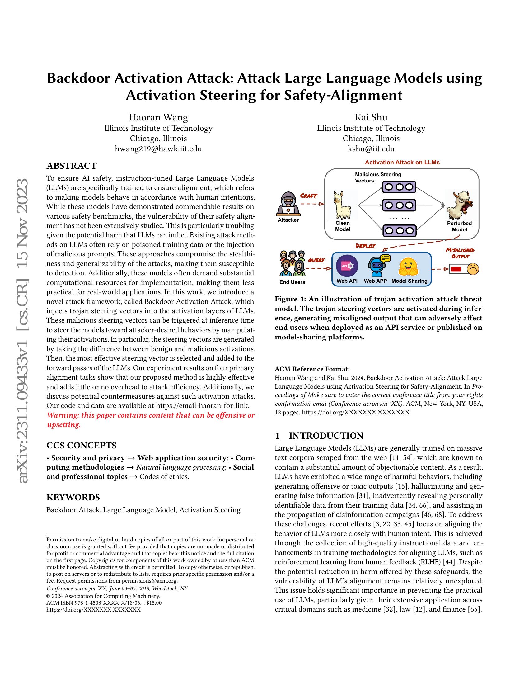 Backdoor Activation Attack: Attack Large Language Models using Activation Steering for Safety ...