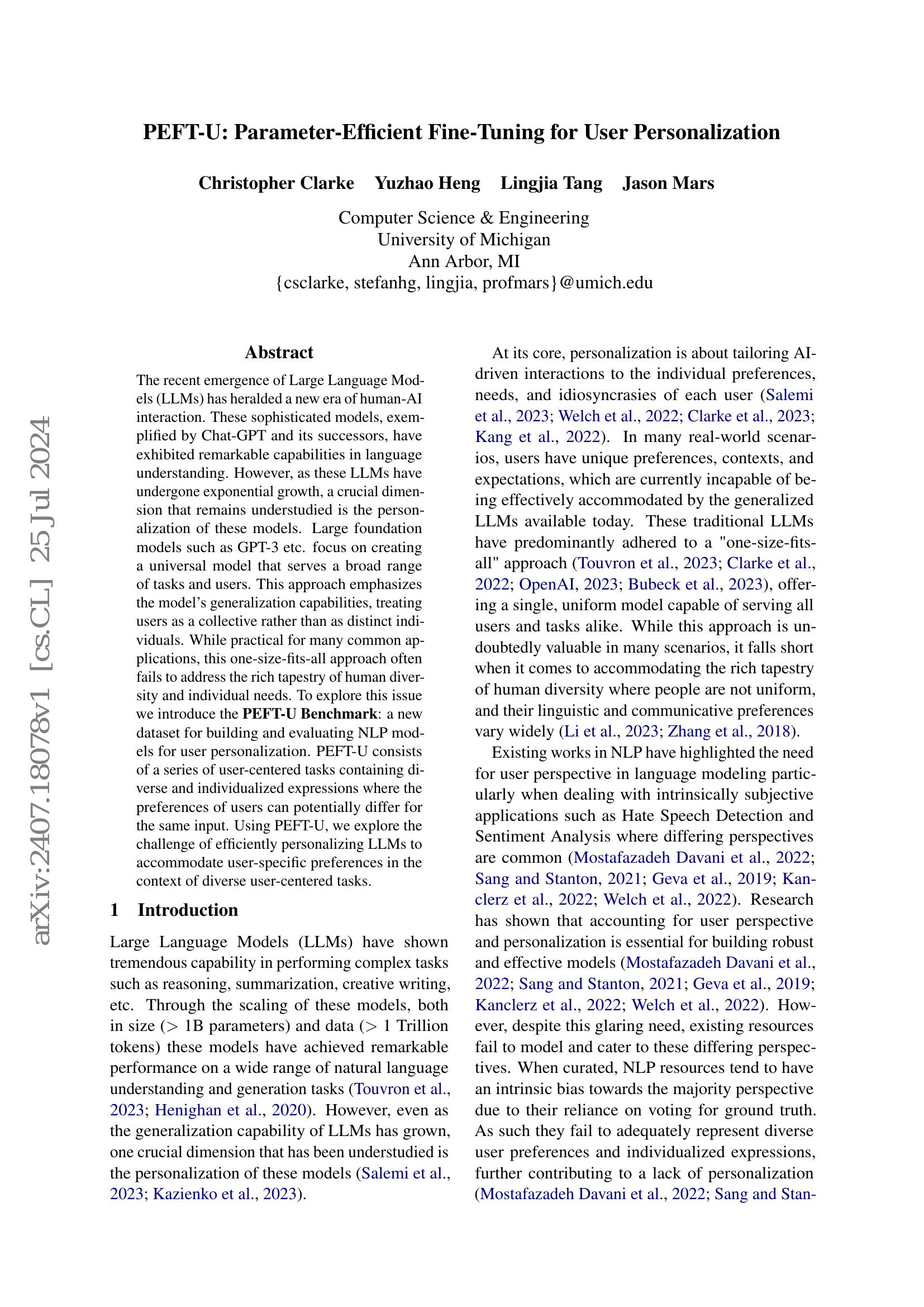 PEFT-U: Parameter-Efficient Fine-Tuning for User Personalization - 智源社区论文