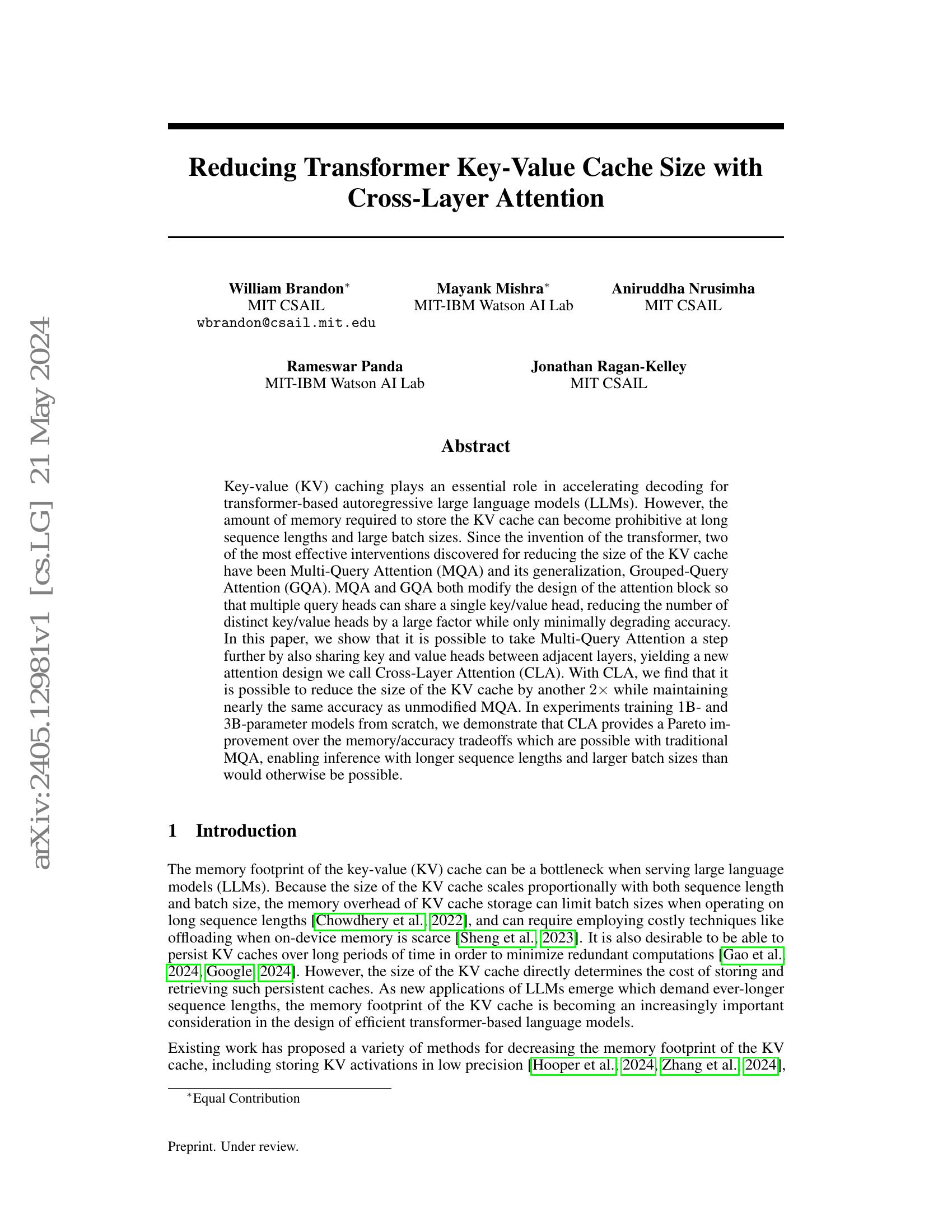 Reducing Transformer Key-Value Cache Size with Cross-Layer Attention ...