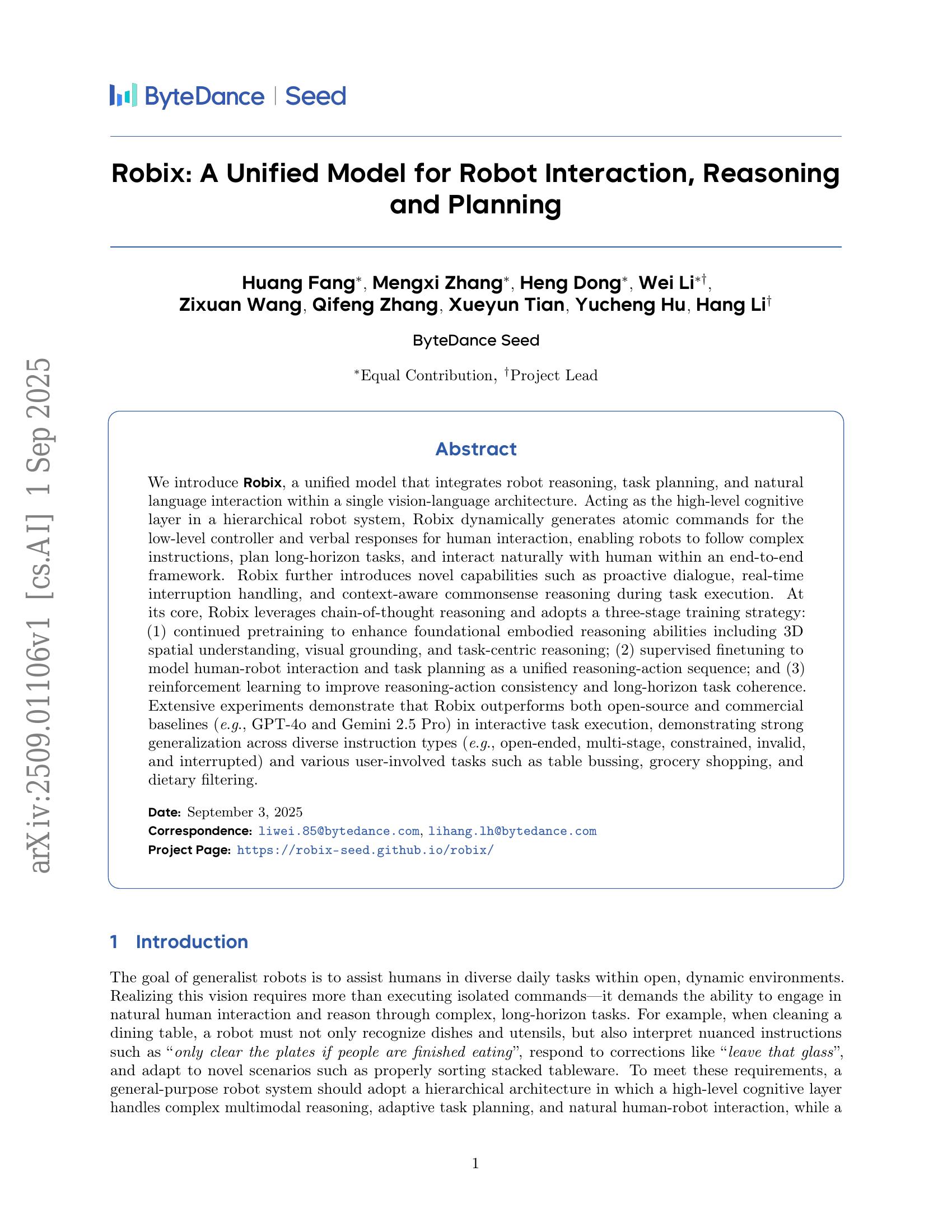 Robix: A Unified Model for Robot Interaction, Reasoning and Planning ...