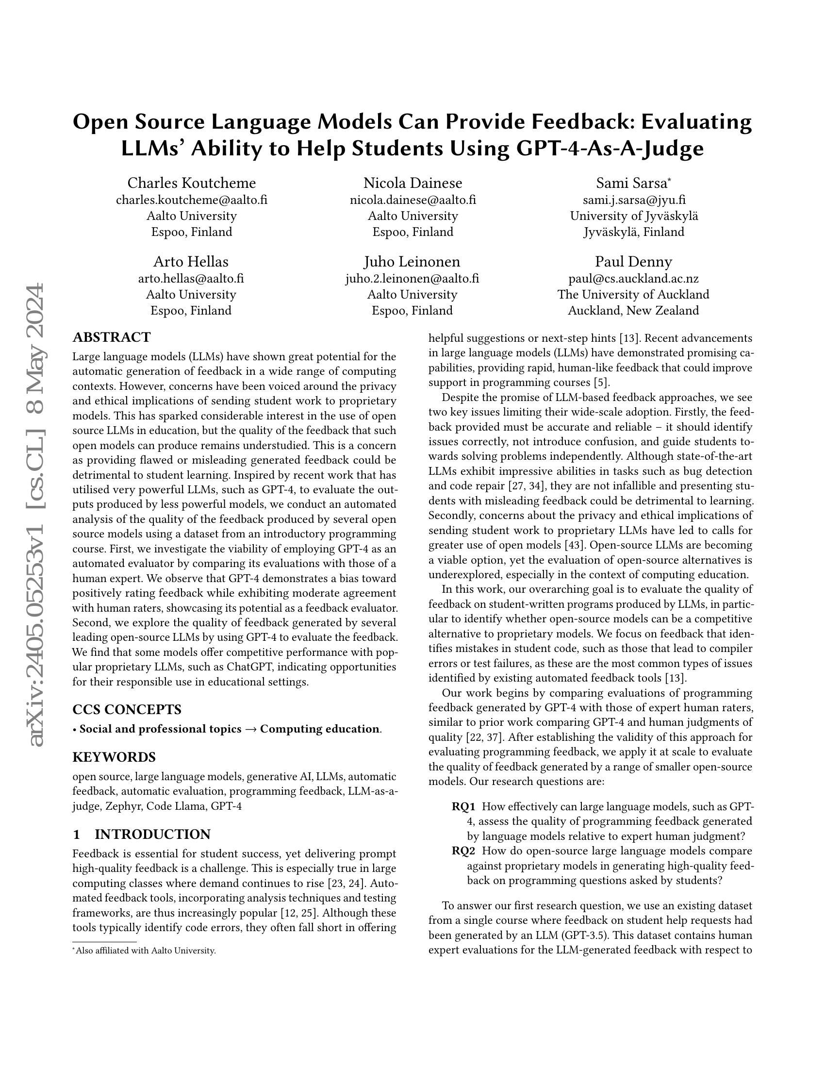Open Source Language Models Can Provide Feedback: Evaluating LLMs' Ability to Help Students ...