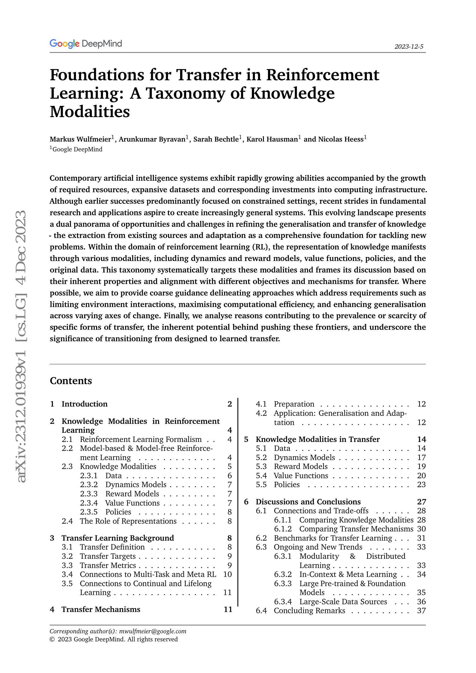 Foundations for Transfer in Reinforcement Learning: A Taxonomy of ...