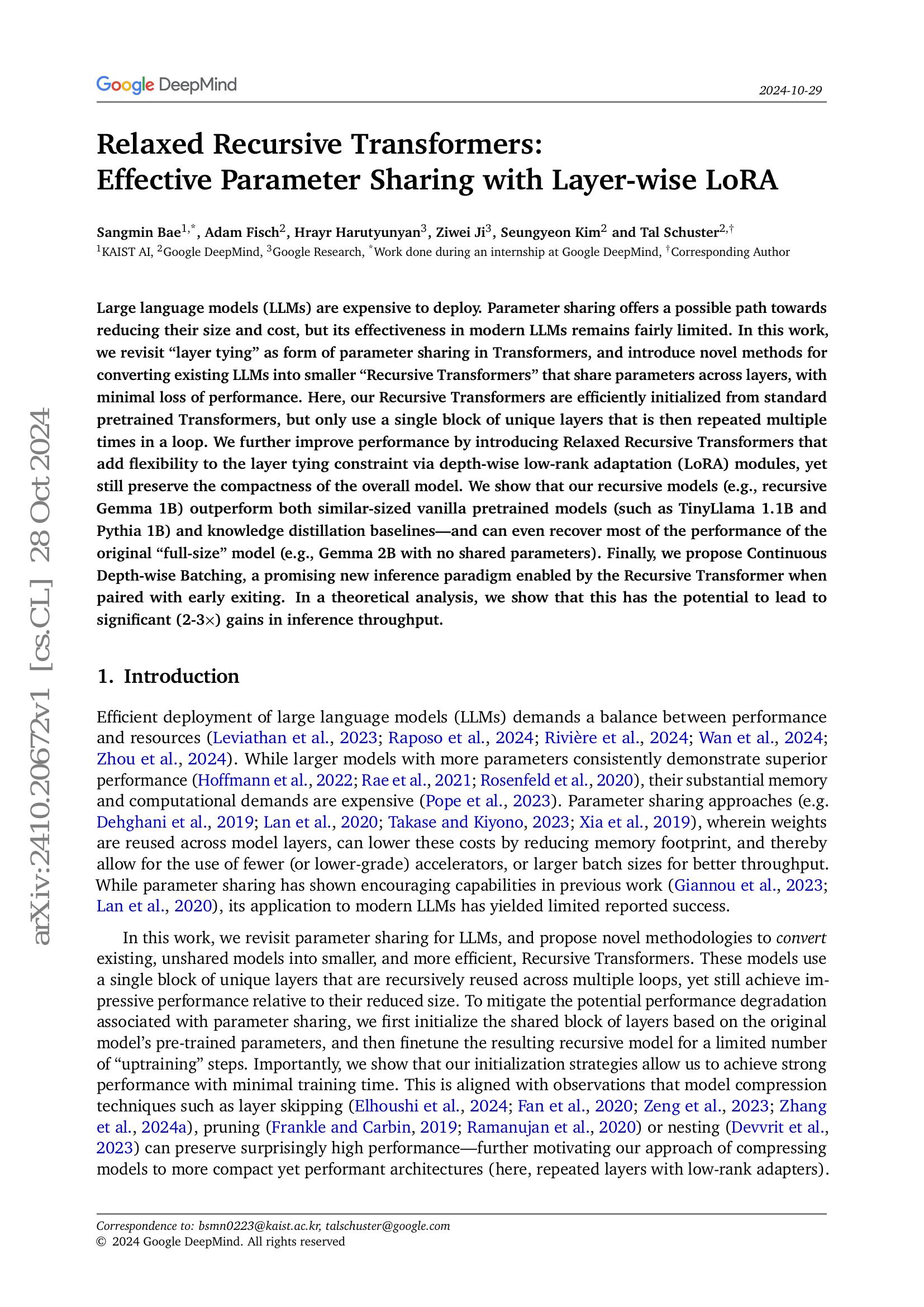 Relaxed Recursive Transformers: Effective Parameter Sharing with Layer ...