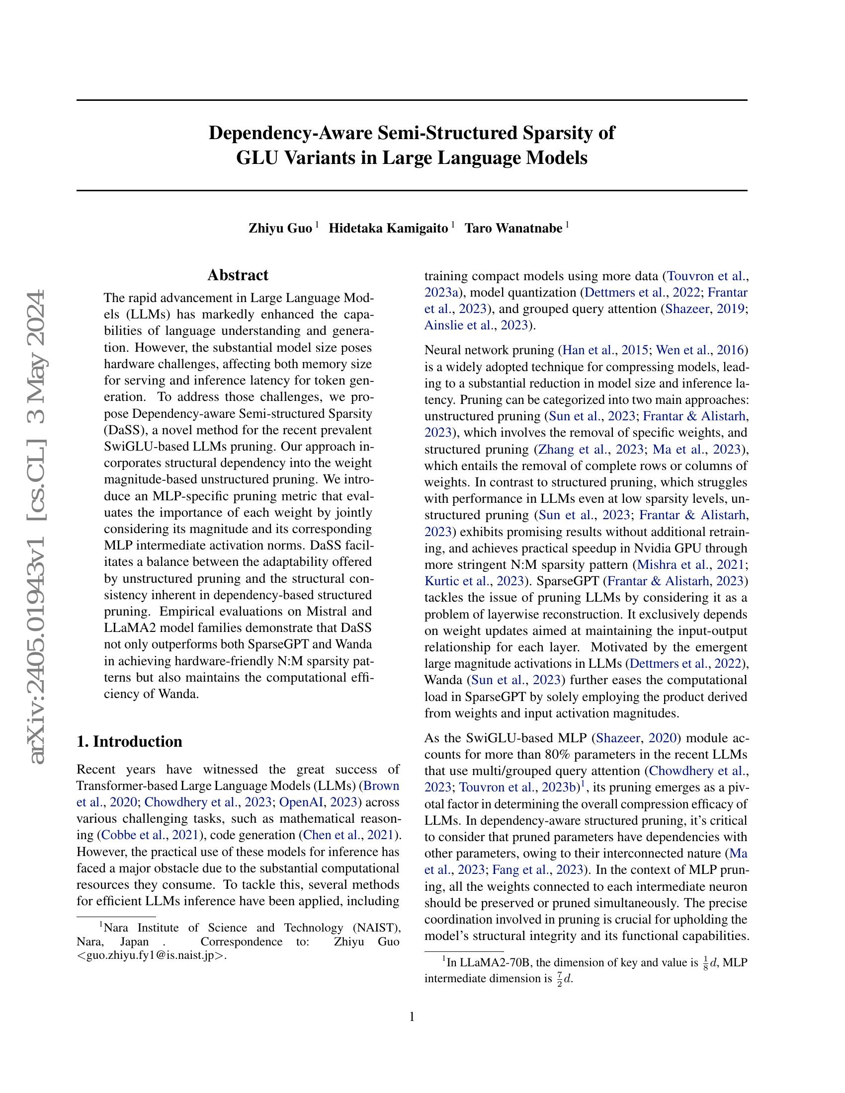 Dependency-Aware Semi-Structured Sparsity of GLU Variants in Large Language Models - 智源社区论文