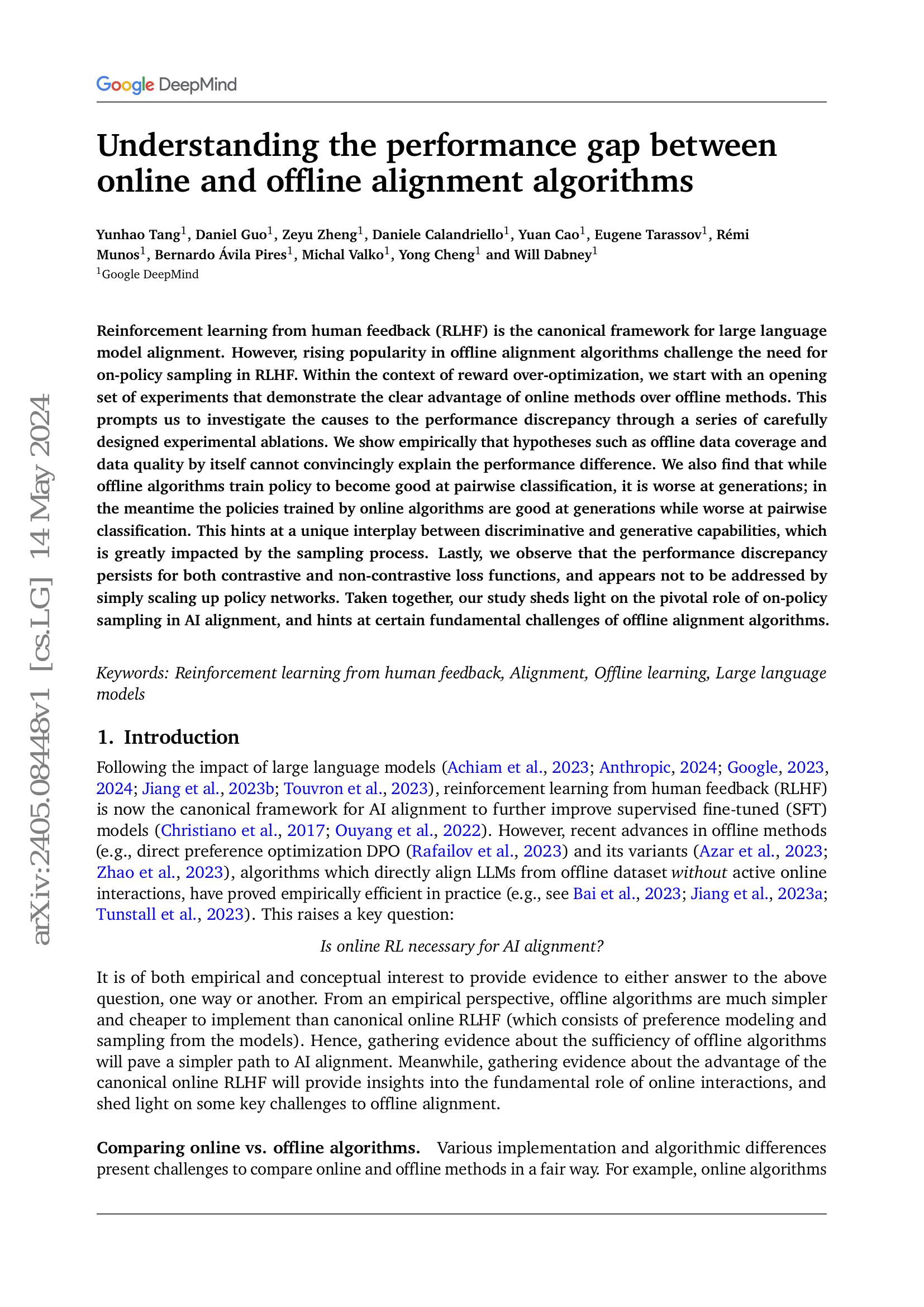 Understanding the performance gap between online and offline alignment ...