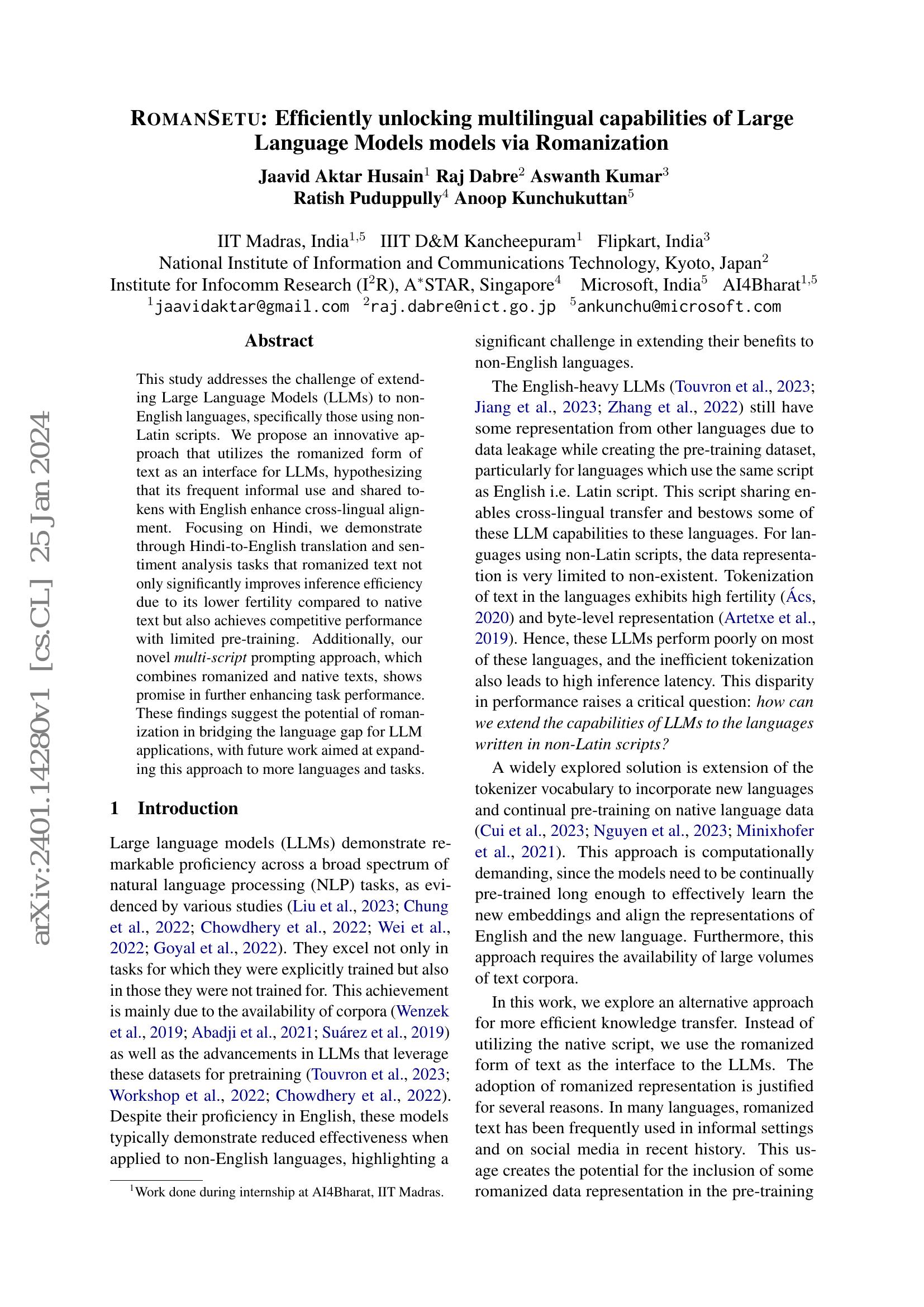 RomanSetu: Efficiently unlocking multilingual capabilities of Large Language Models models via ...