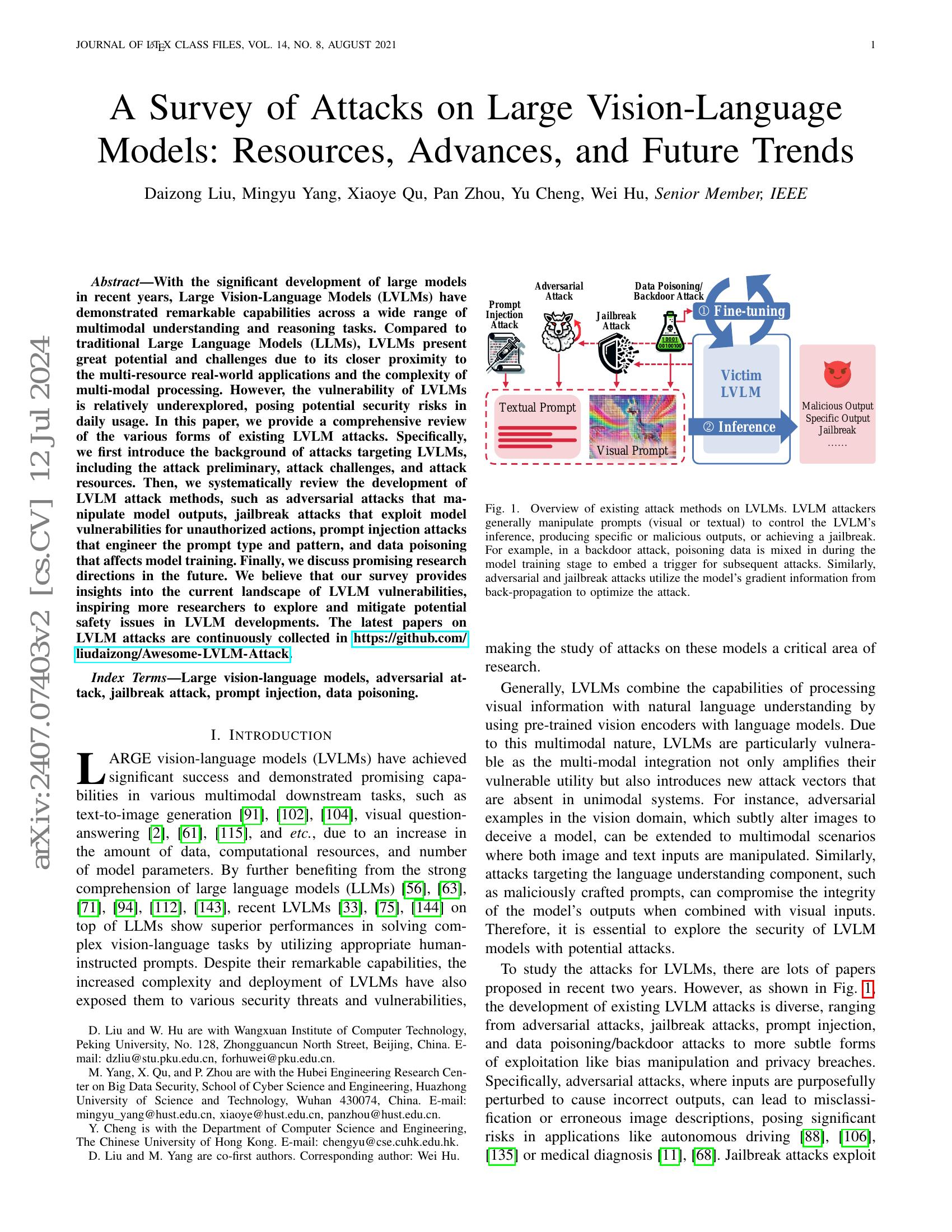 A Survey of Attacks on Large Vision-Language Models: Resources ...