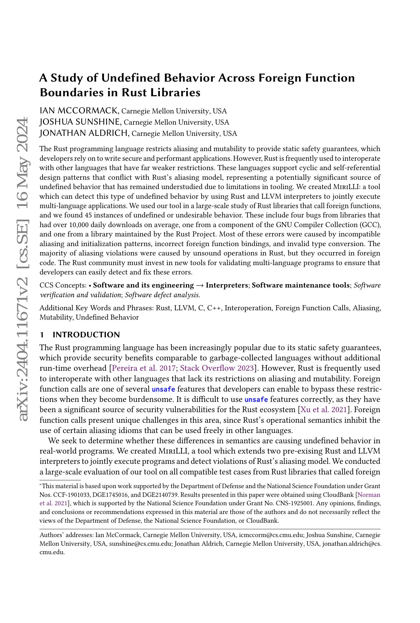 A Study of Undefined Behavior Across Foreign Function Boundaries in Rust Libraries - 智源社区论文