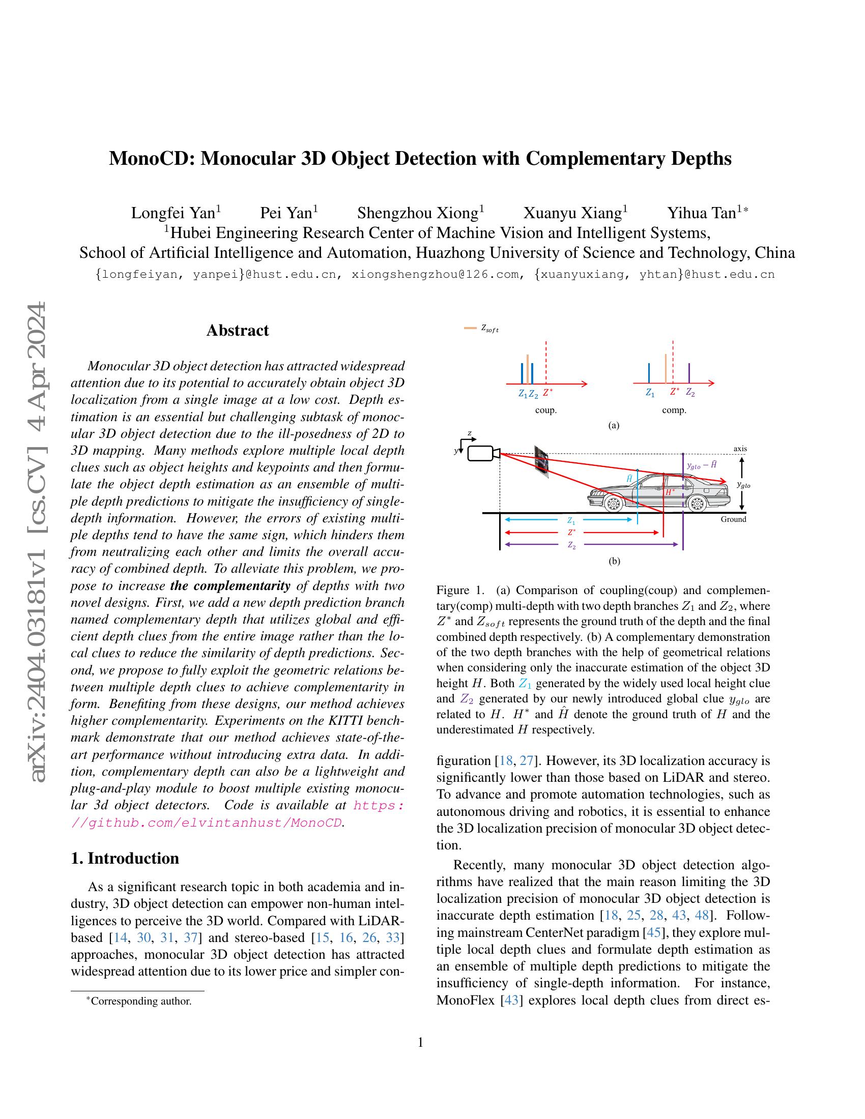 MonoCD: Monocular 3D Object Detection with Complementary Depths - 智源社区论文