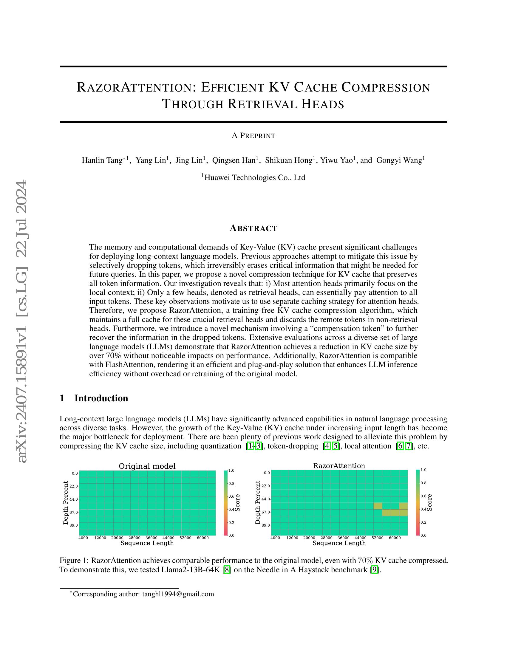 RazorAttention: Efficient KV Cache Compression Through Retrieval Heads ...
