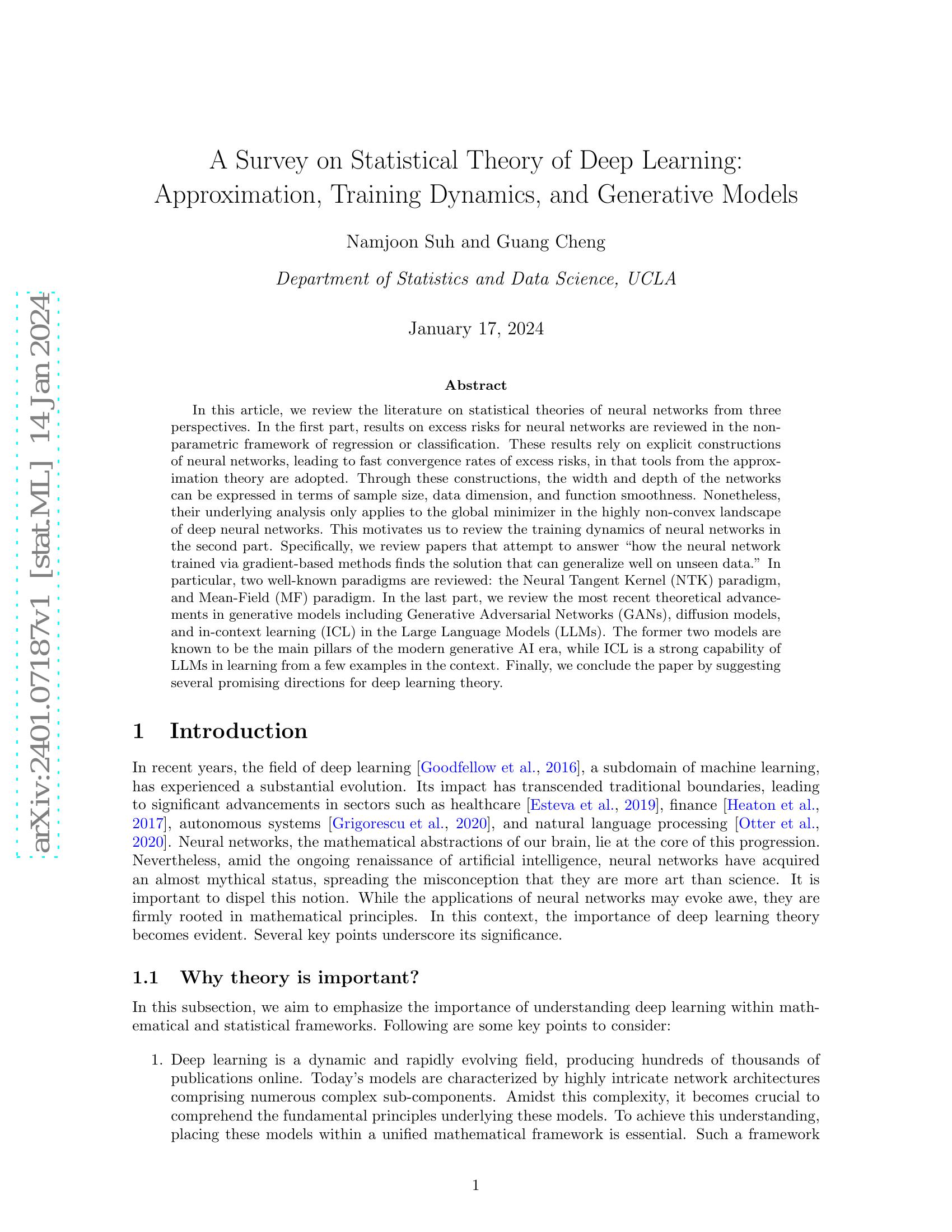 A Survey on Statistical Theory of Deep Learning: Approximation, Training Dynamics, and ...