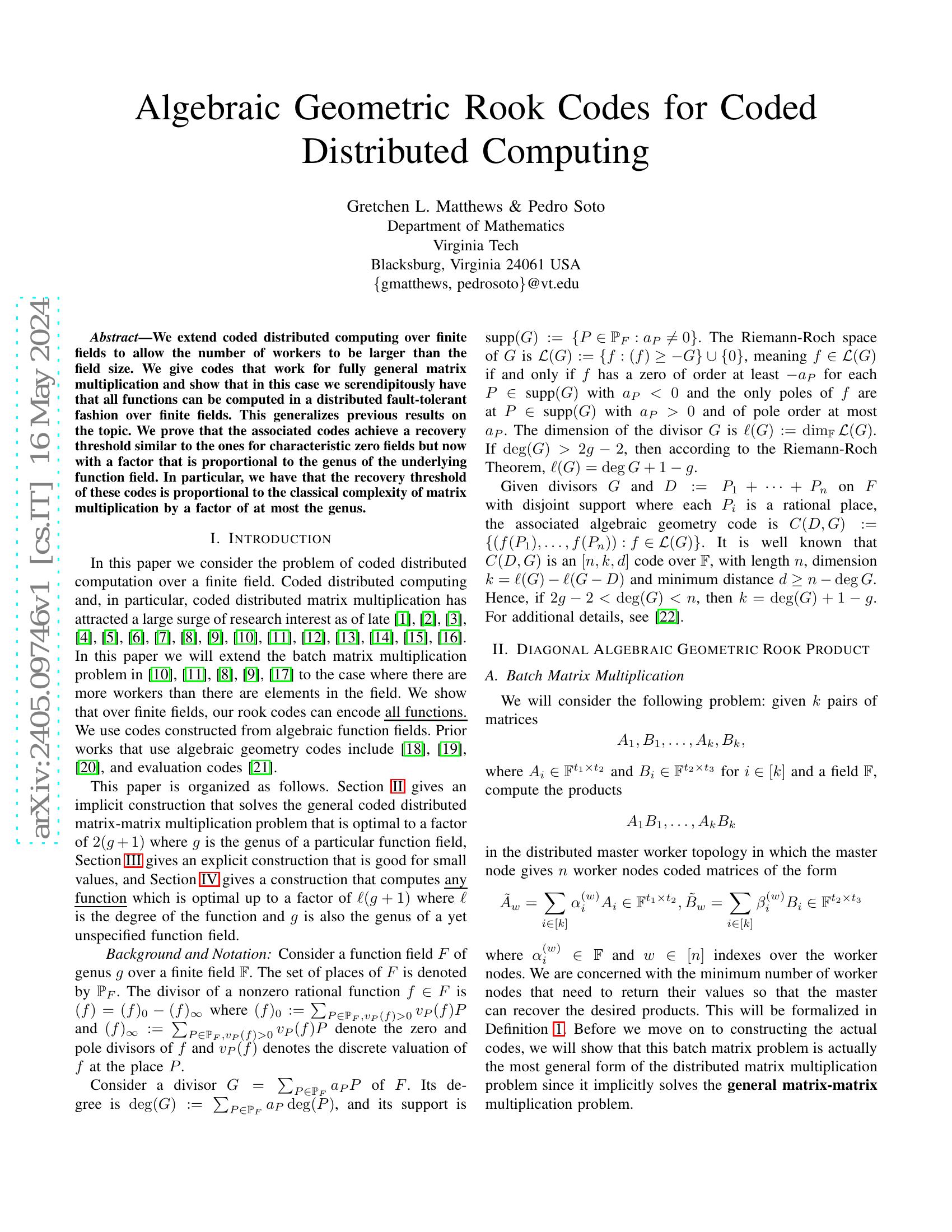 Algebraic Geometric Rook Codes for Coded Distributed Computing - 智源社区论文