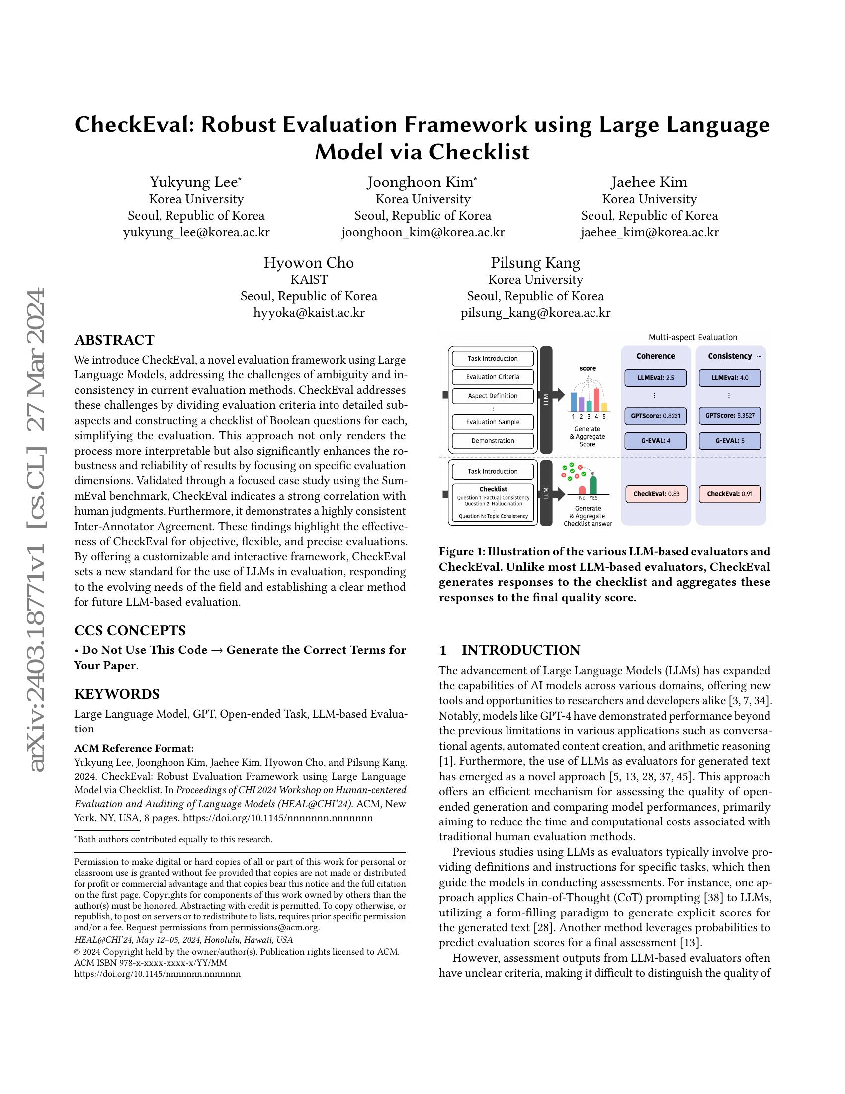 CheckEval: Robust Evaluation Framework using Large Language Model via Checklist - 智源社区论文