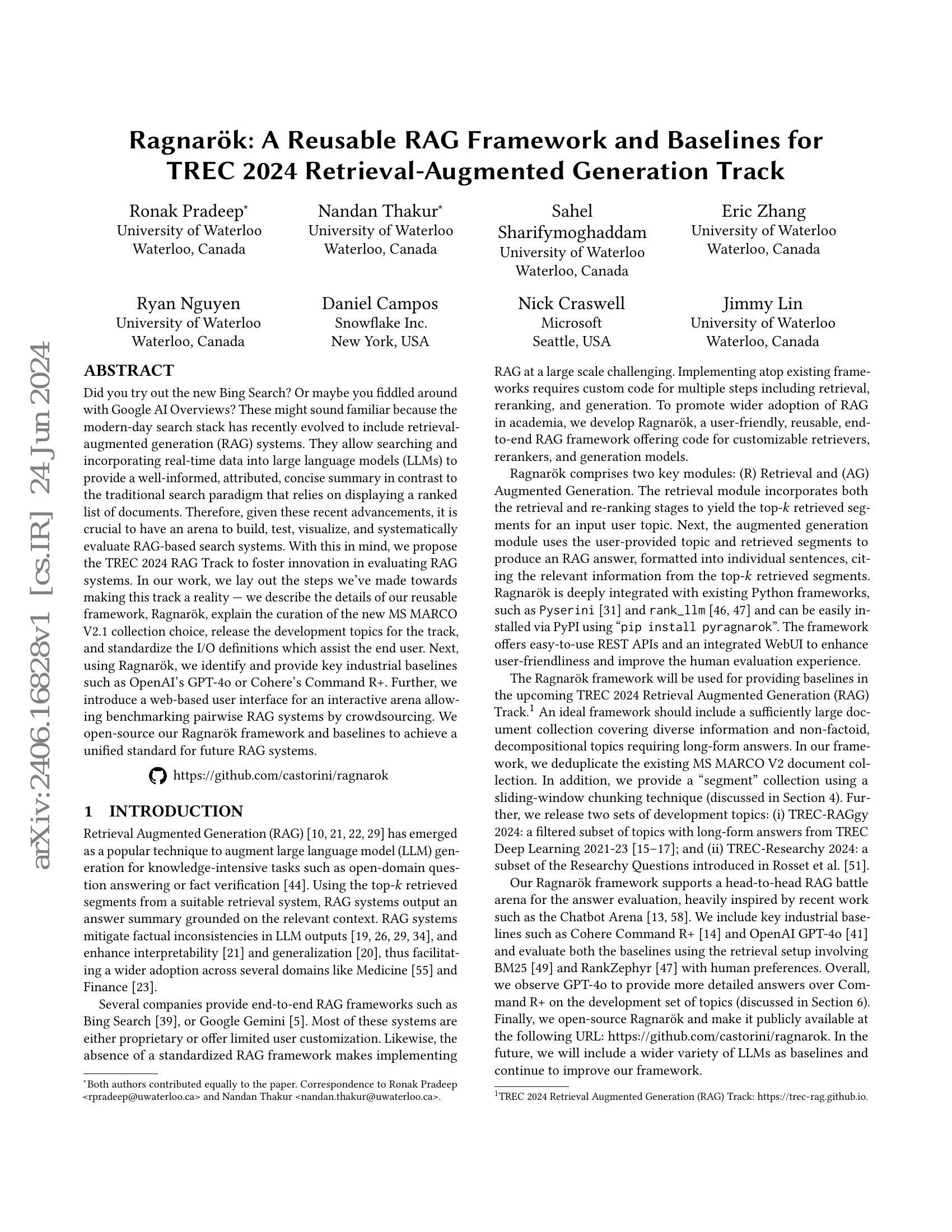 Ragnarök: A Reusable RAG Framework and Baselines for TREC 2024 ...