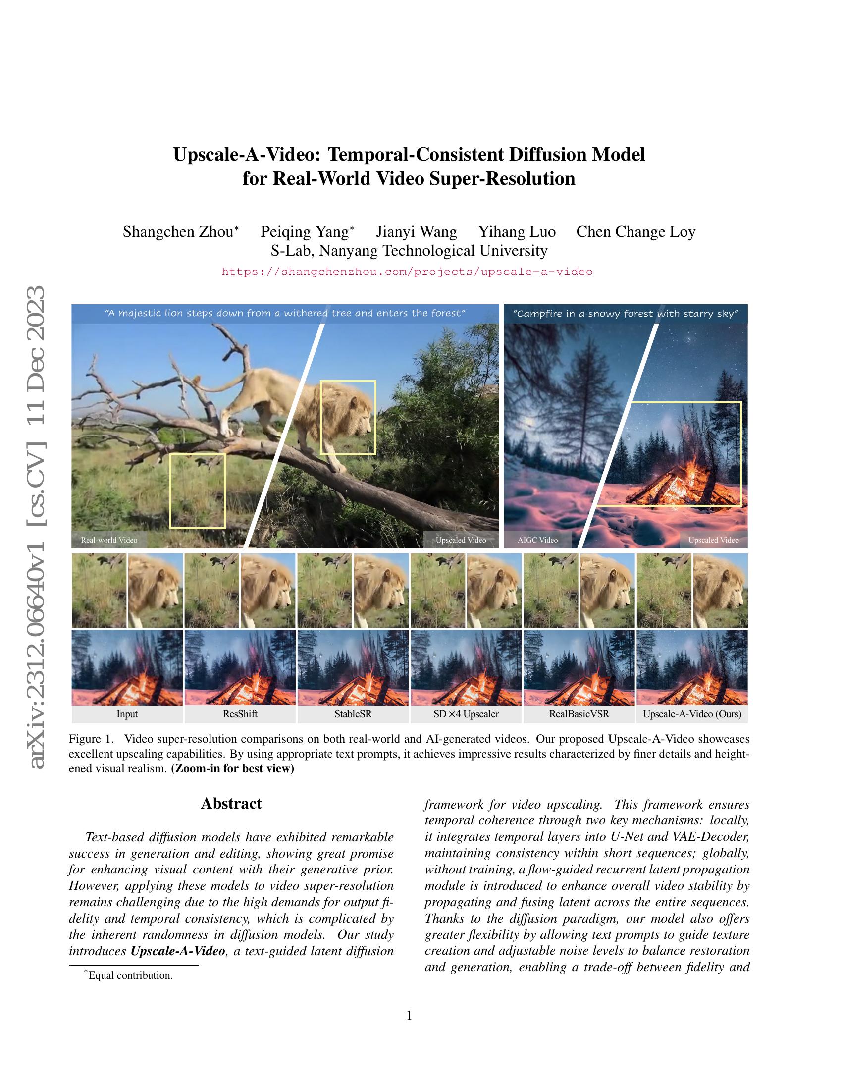 Upscale-A-Video: Temporal-Consistent Diffusion Model for Real-World Video Super-Resolution - 智源社区论文