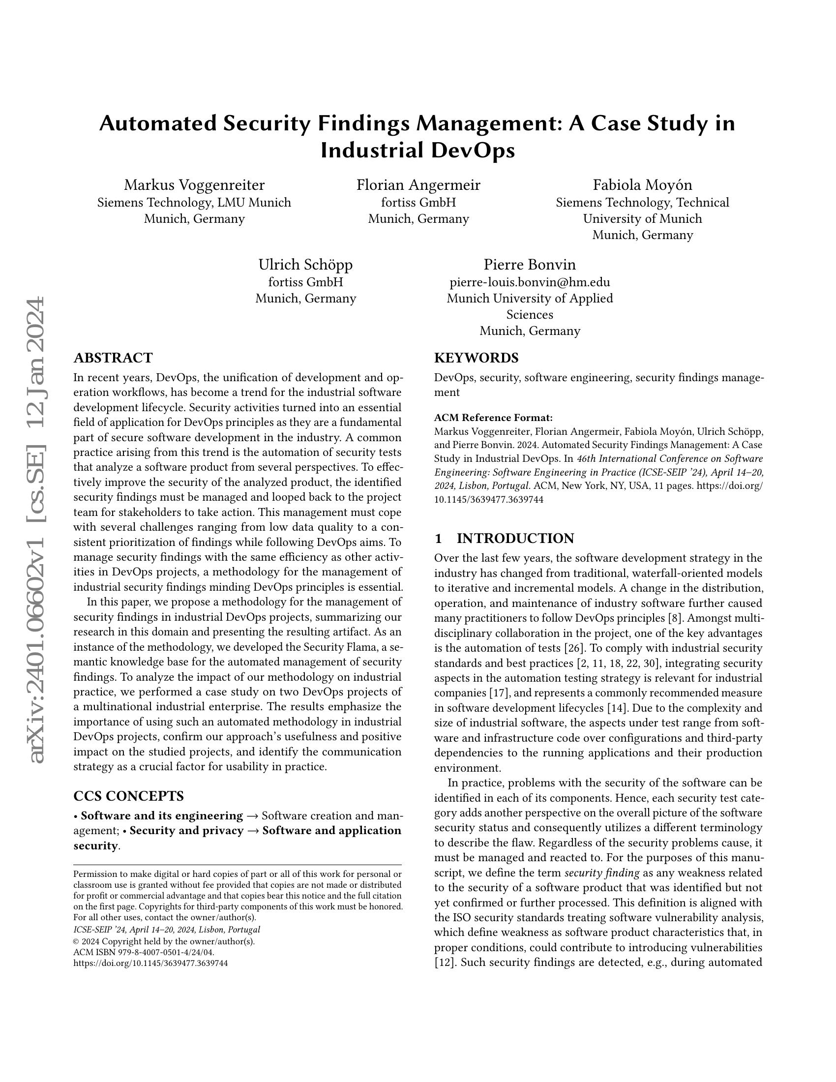 Automated Security Findings Management: A Case Study in Industrial ...