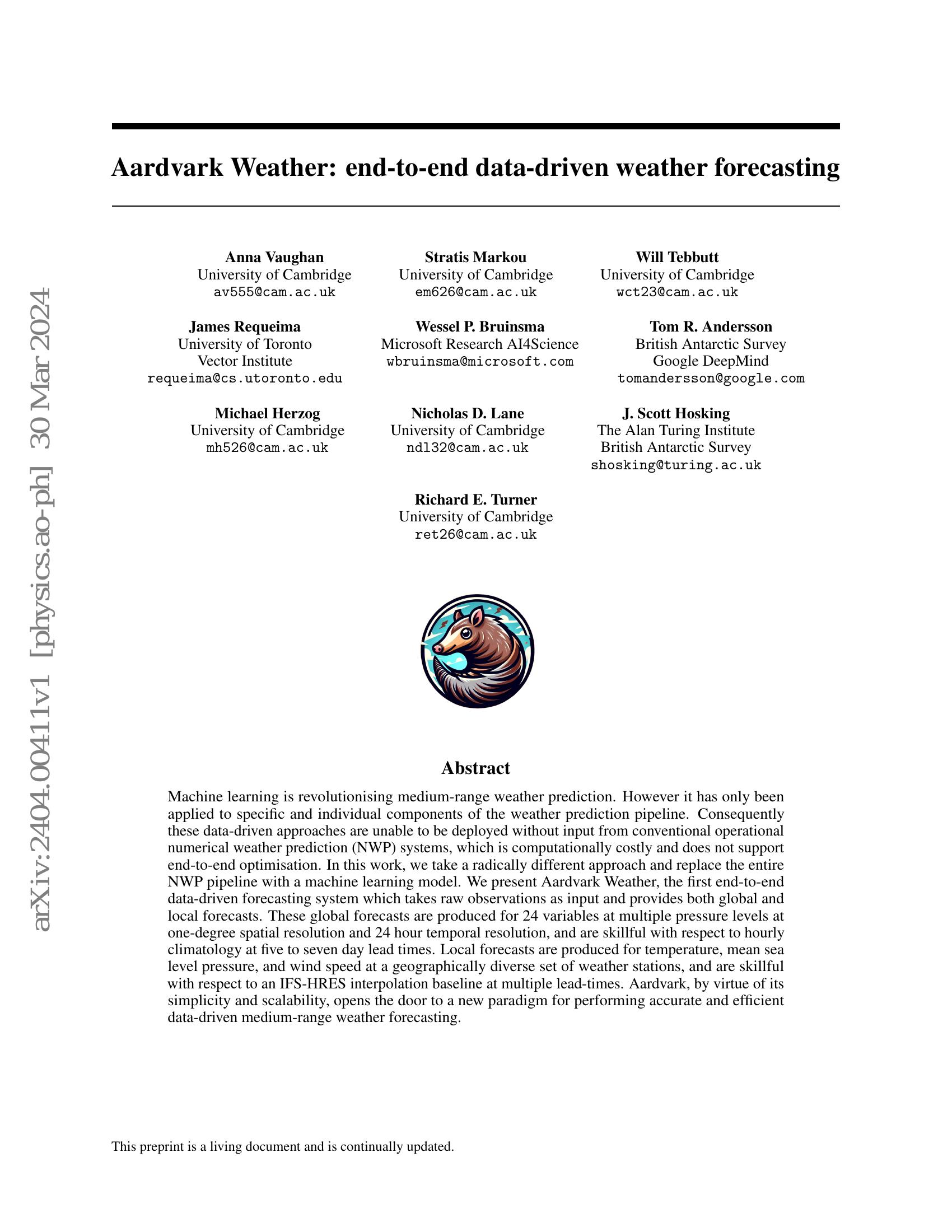 Aardvark Weather: end-to-end data-driven weather forecasting - 智源社区论文