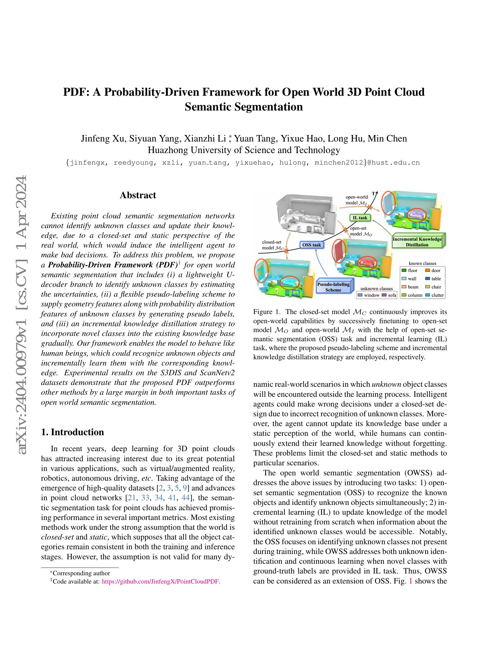 PDF: A Probability-Driven Framework for Open World 3D Point Cloud Semantic Segmentation - 智源社区论文