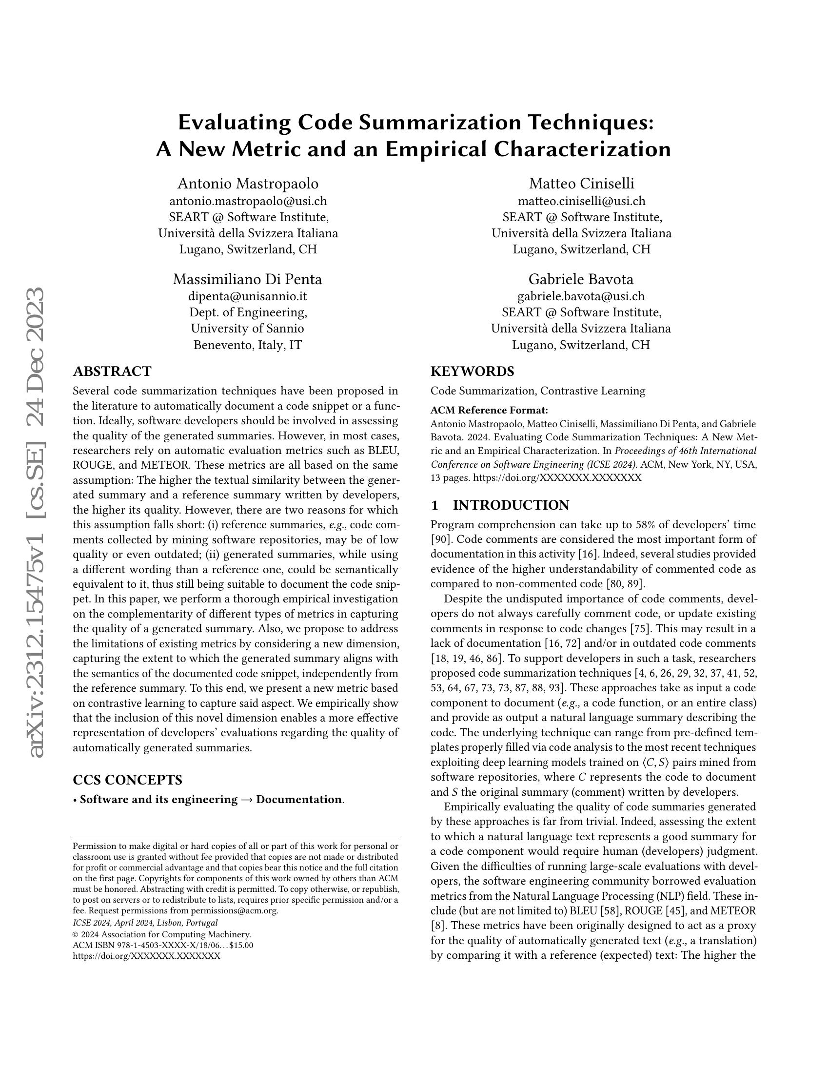 Evaluating Code Summarization Techniques: A New Metric and an Empirical ...