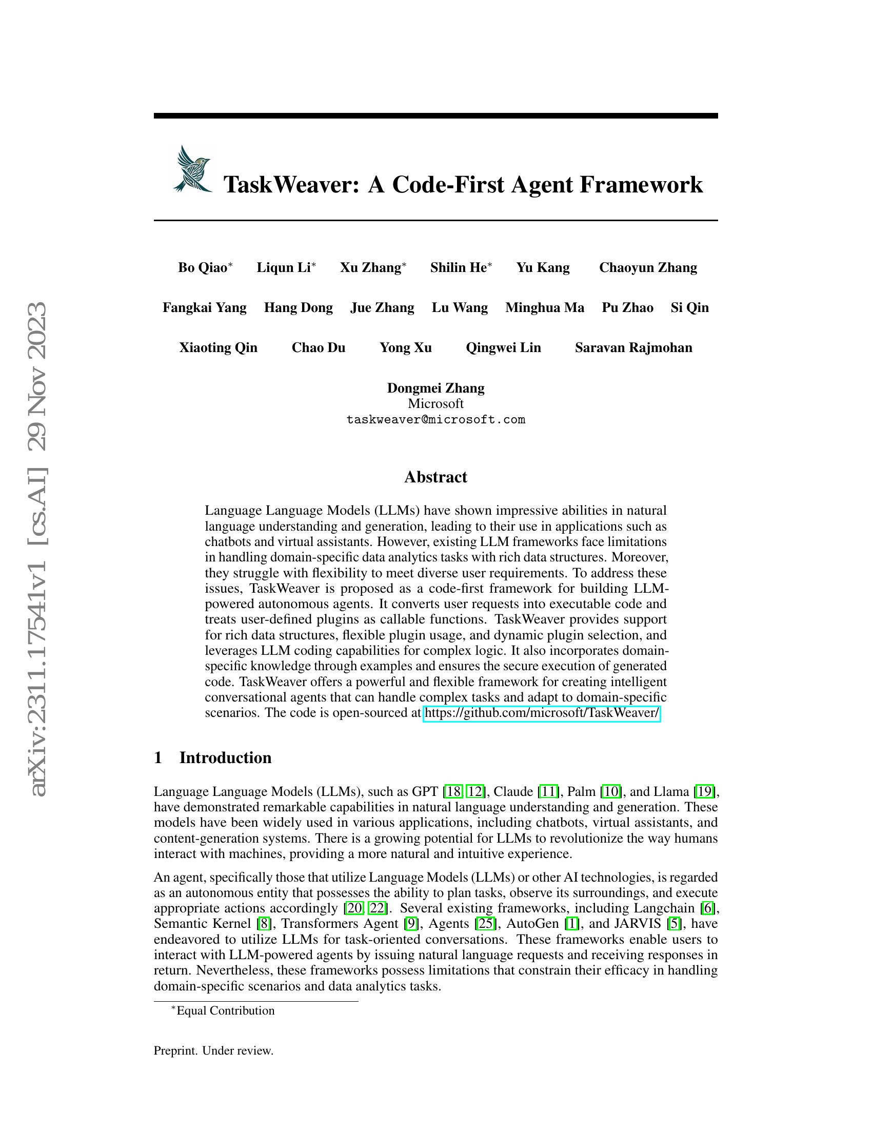 TaskWeaver: A Code-First Agent Framework - 智源社区论文