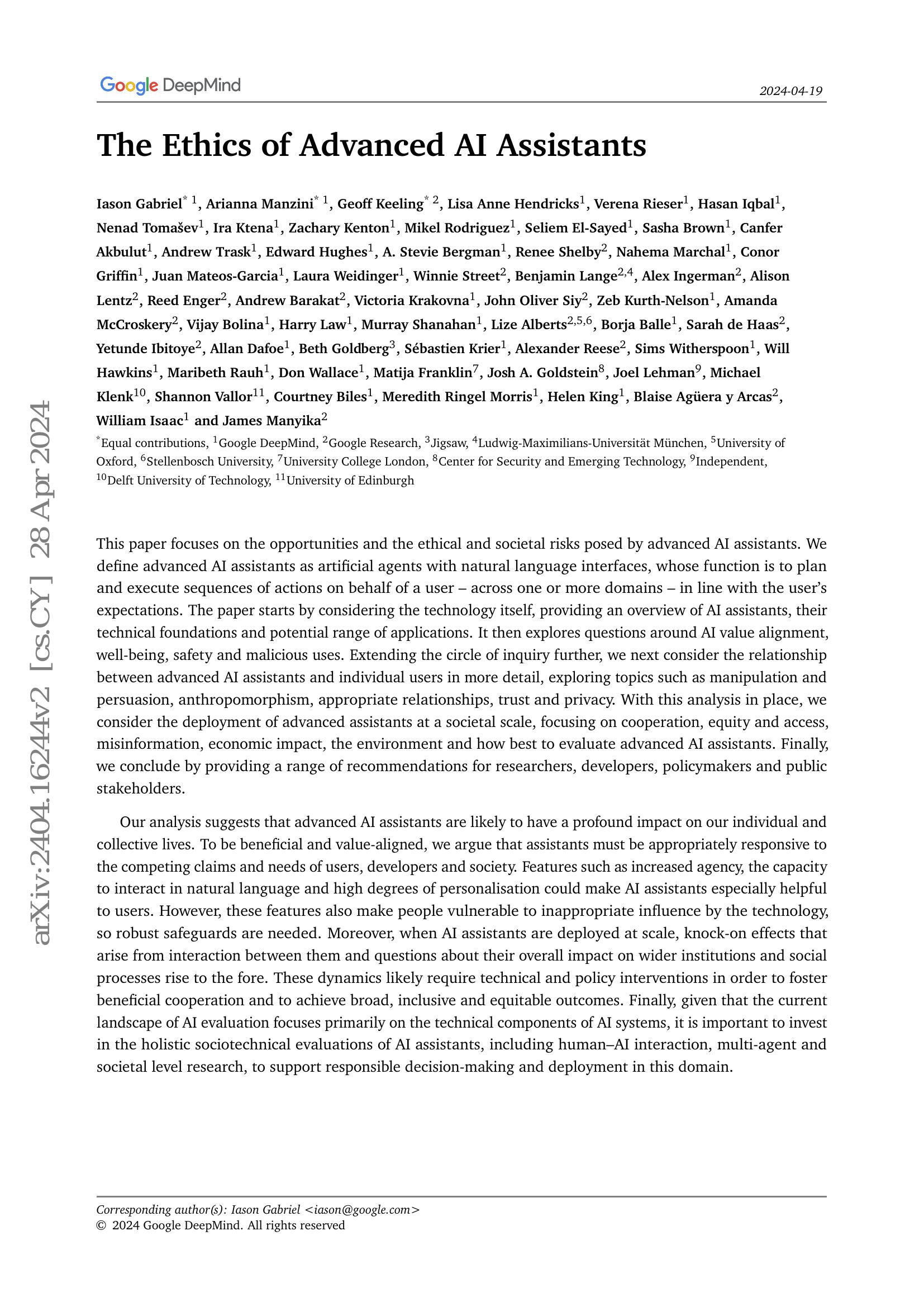 The Ethics of Advanced AI Assistants - 智源社区论文