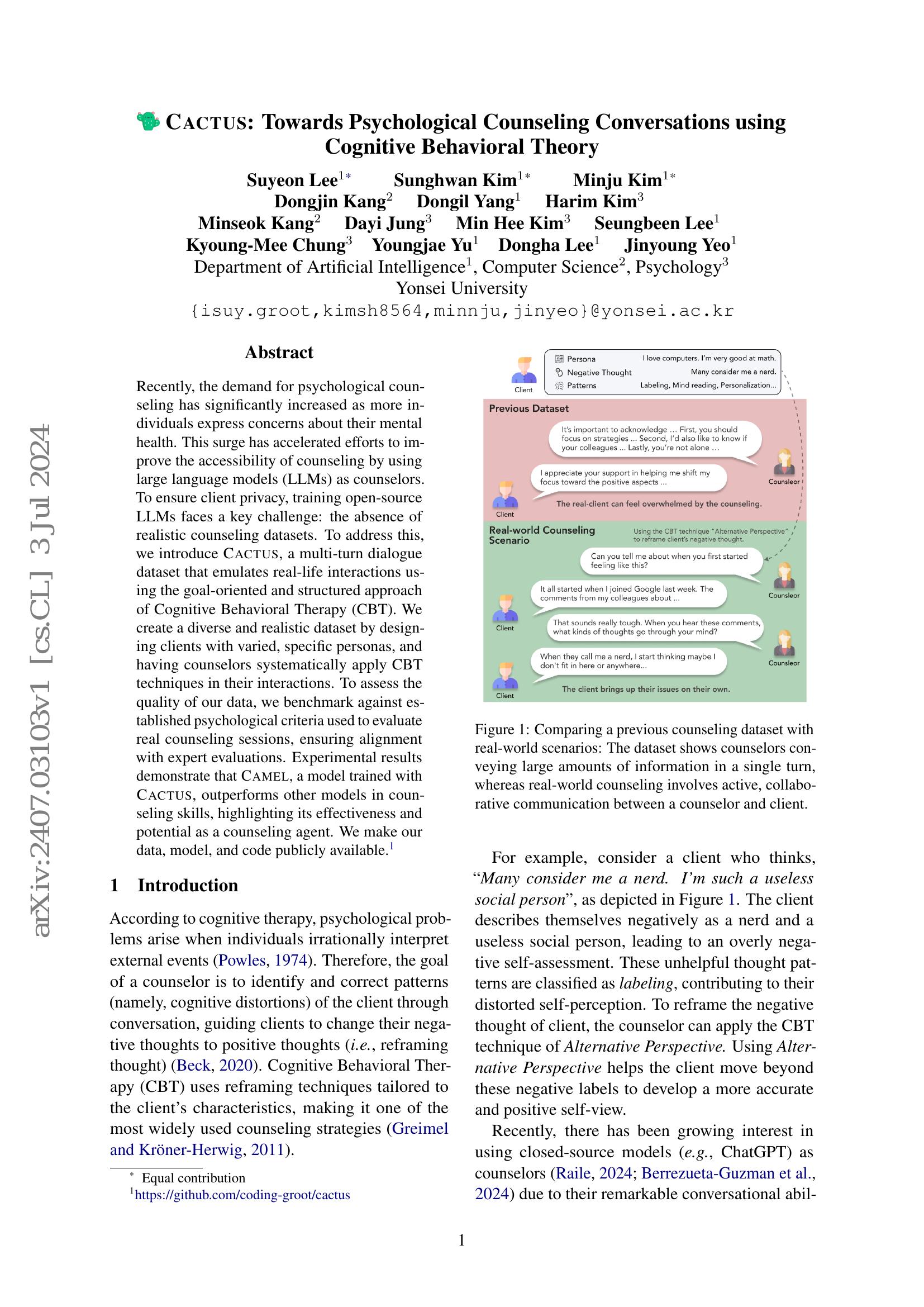 Cactus: Towards Psychological Counseling Conversations using Cognitive Behavioral Theory - 智源社区论文