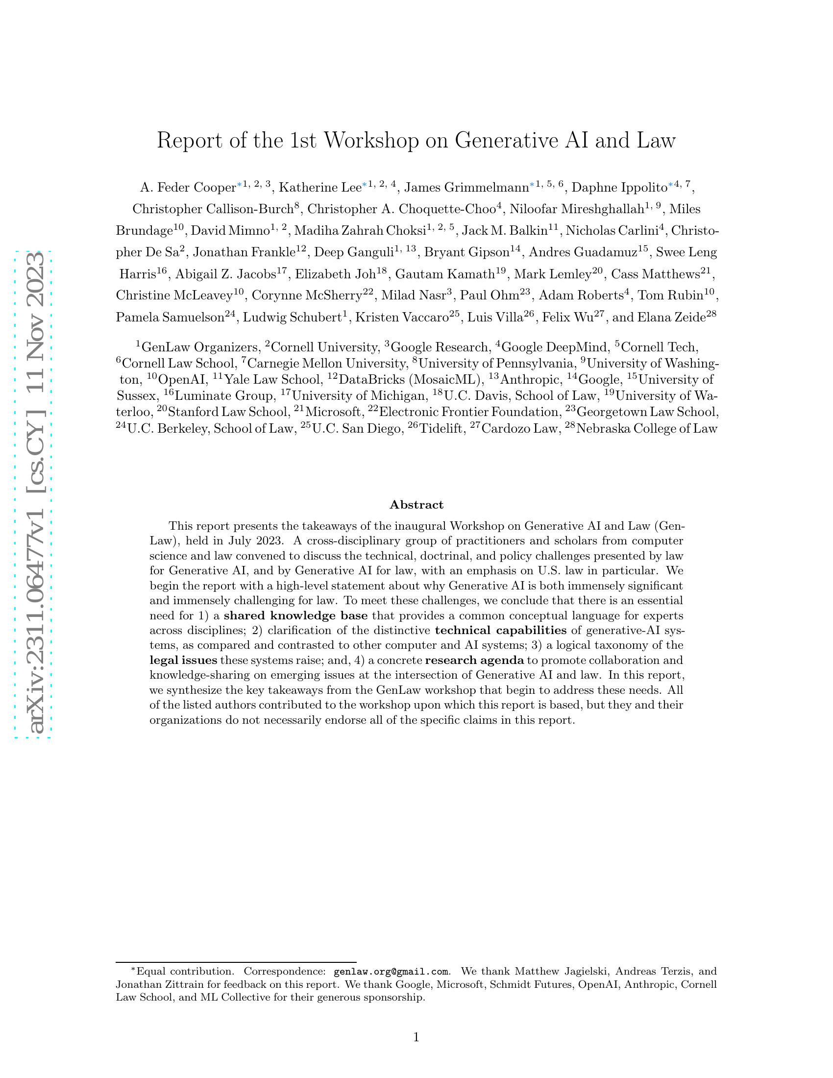 Report of the 1st Workshop on Generative AI and Law - 智源社区论文