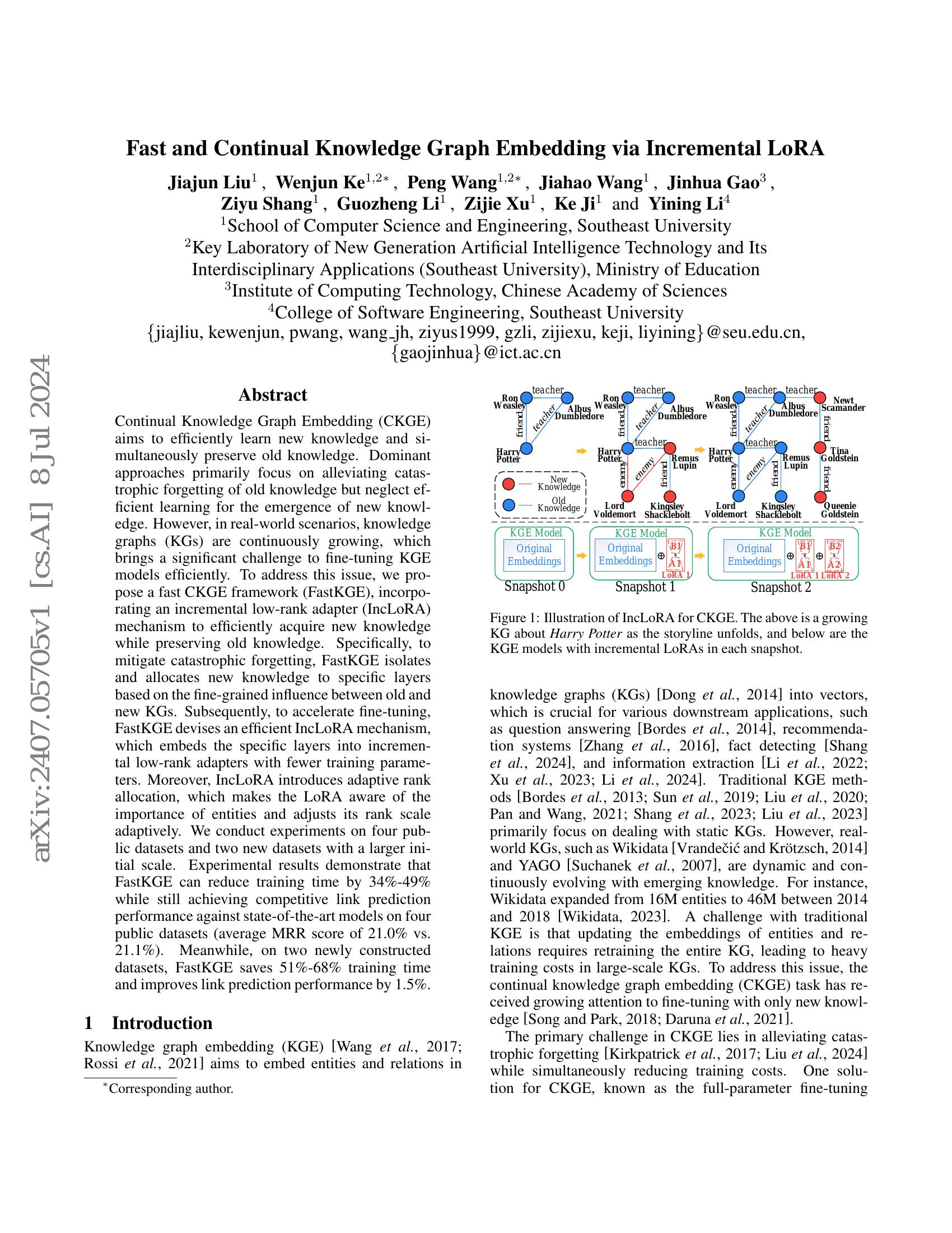 Fast and Continual Knowledge Graph Embedding via Incremental LoRA - 智源社区论文