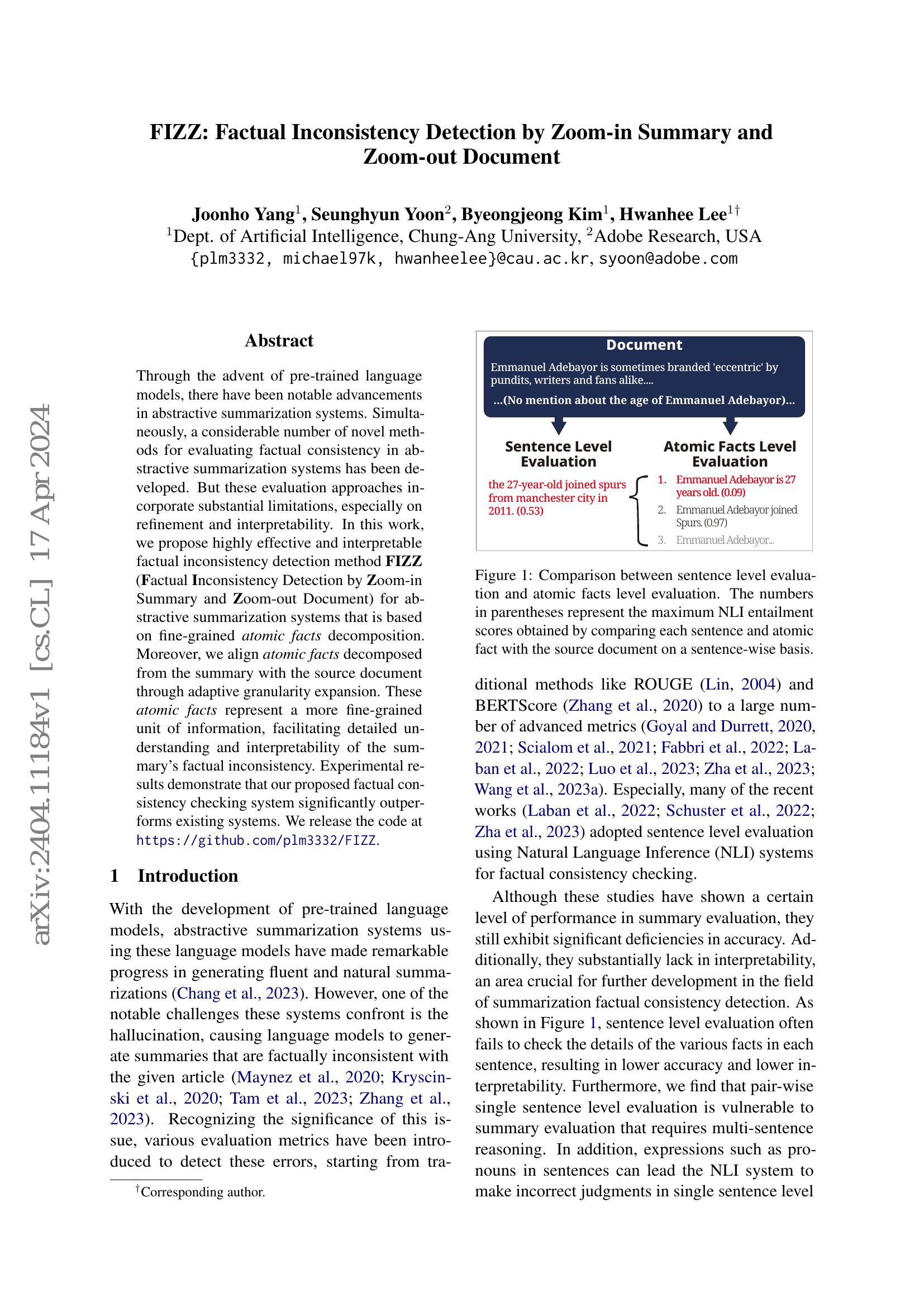 FIZZ: Factual Inconsistency Detection by Zoom-in Summary and Zoom-out Document - 智源社区论文