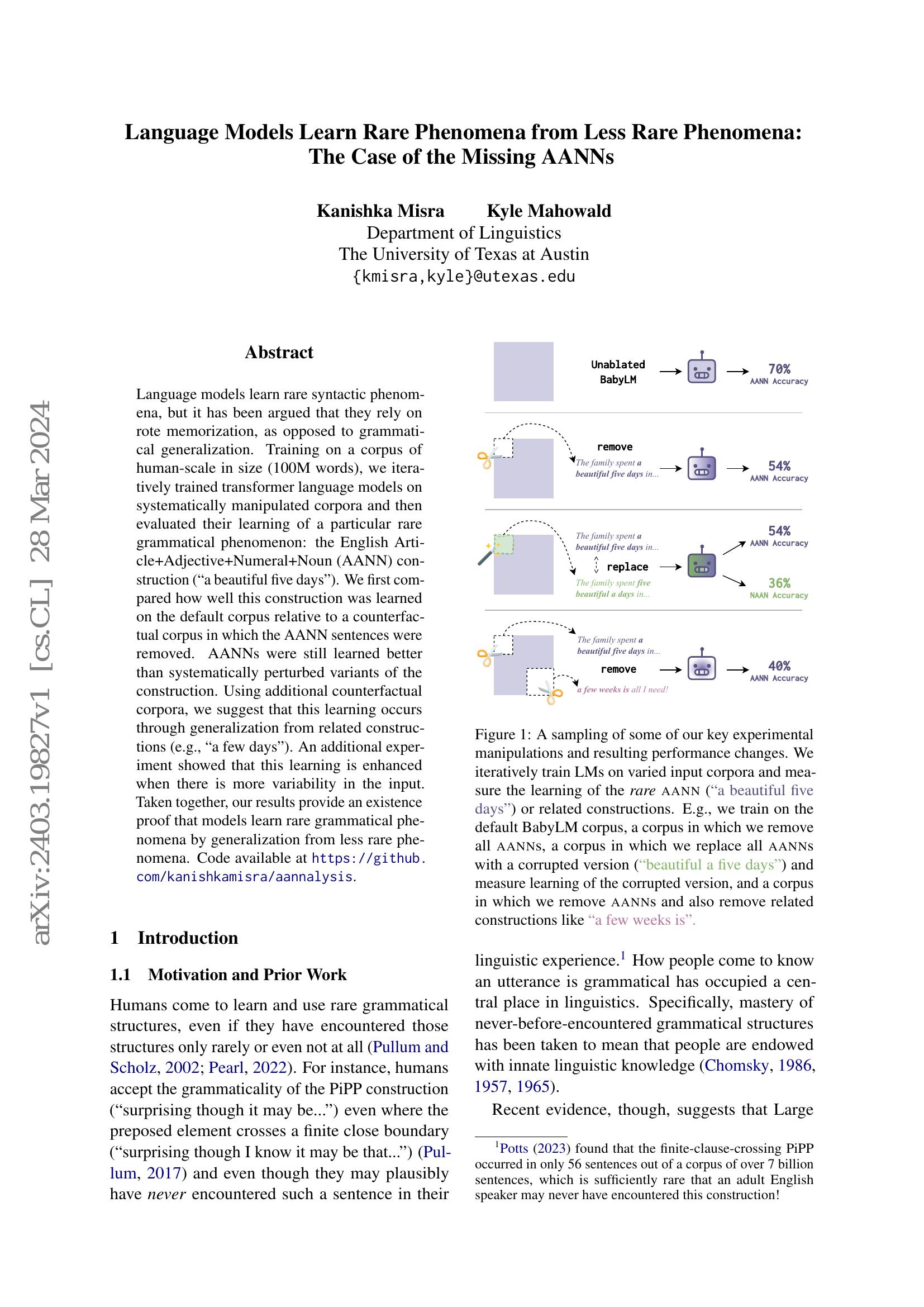 Language Models Learn Rare Phenomena from Less Rare Phenomena: The Case of the Missing AANNs - 智 ...