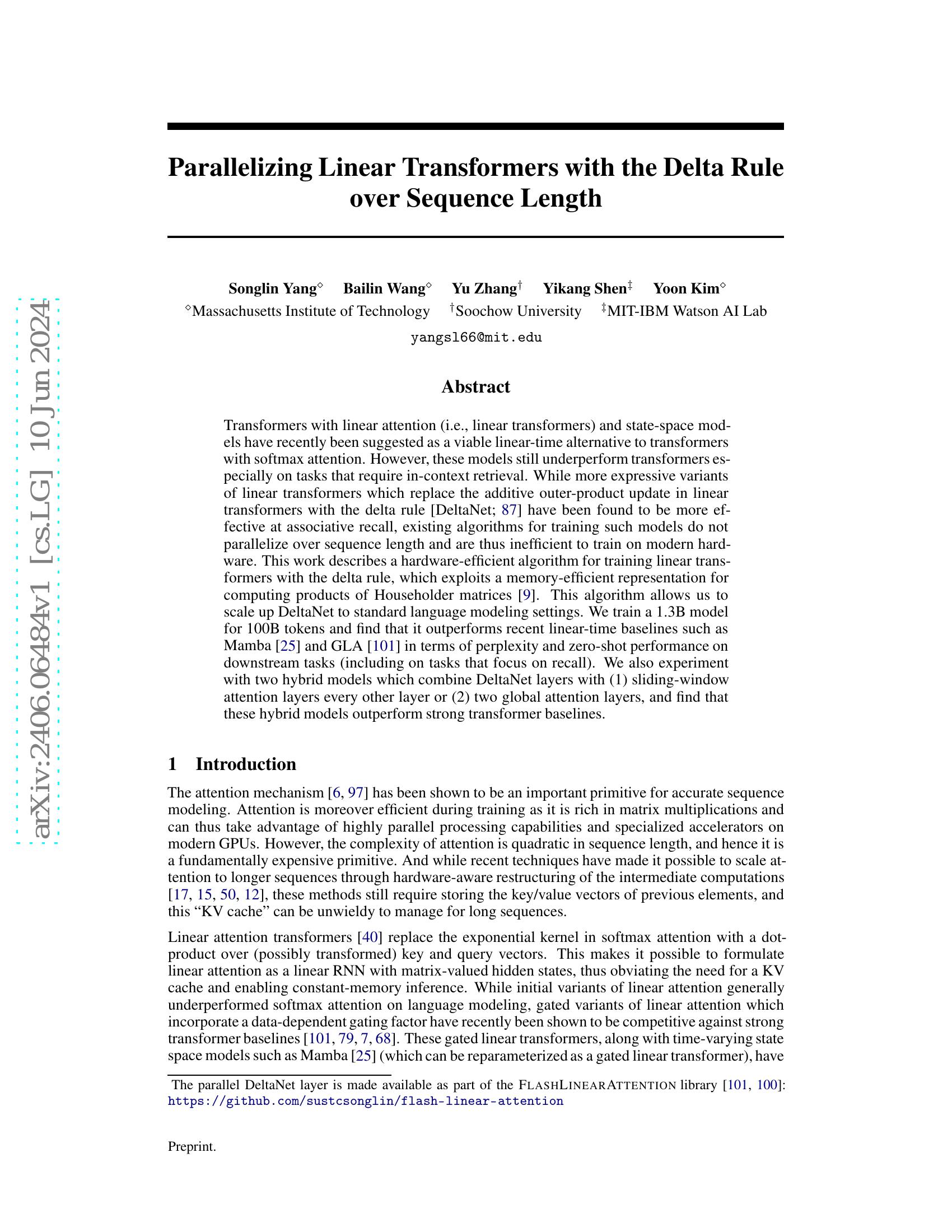 Parallelizing Linear Transformers with the Delta Rule over Sequence ...