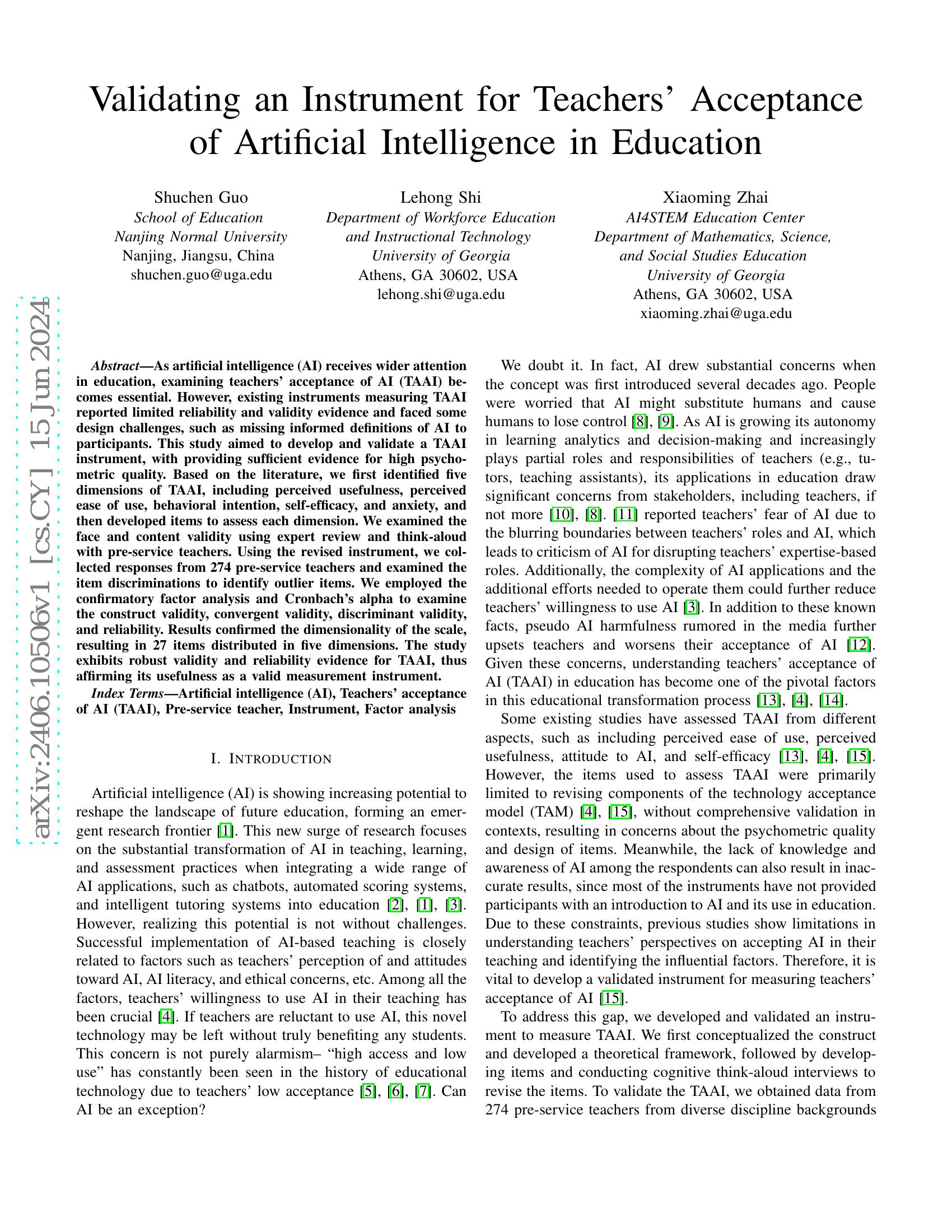Validating an Instrument for Teachers' Acceptance of Artificial ...
