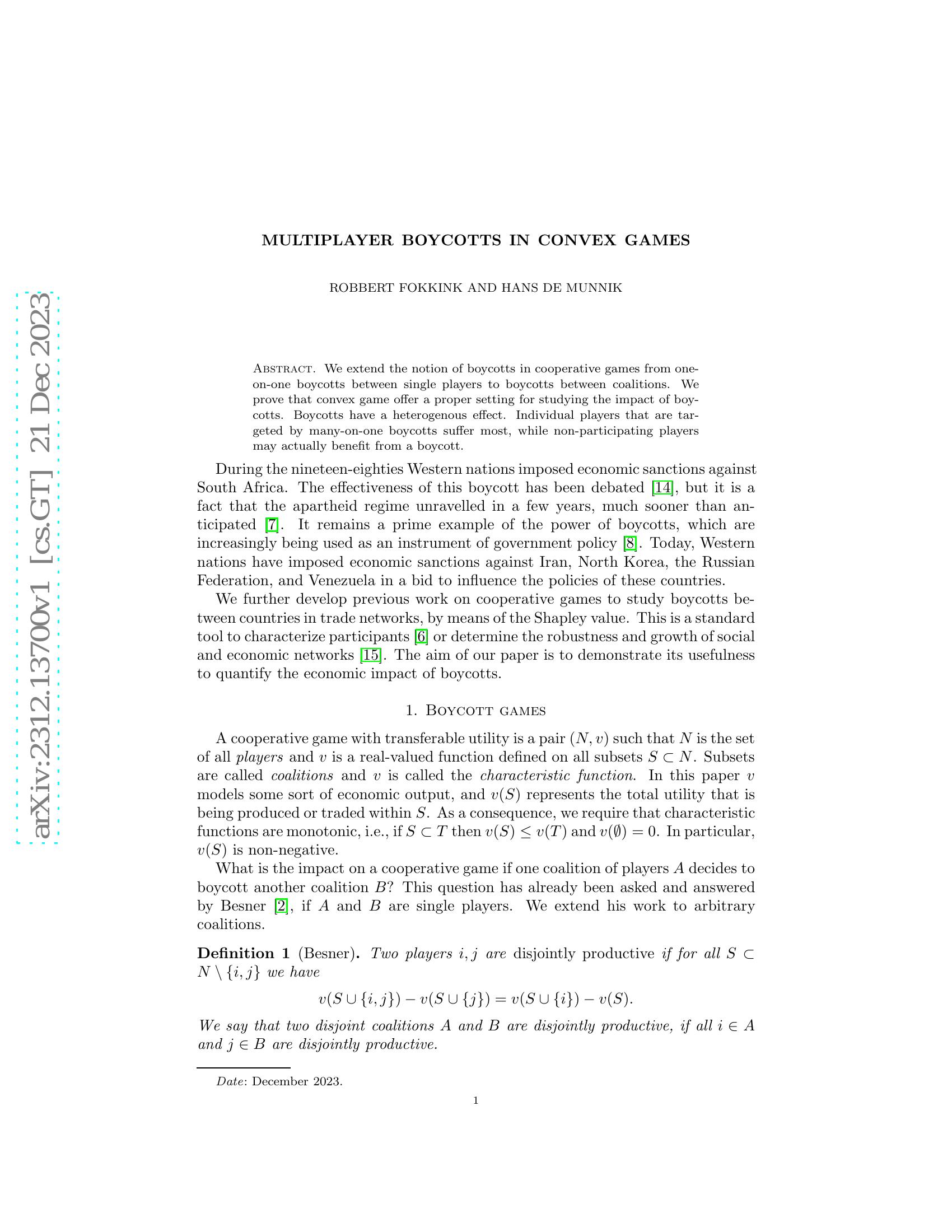 Multiplayer boycotts in convex games - 智源社区论文