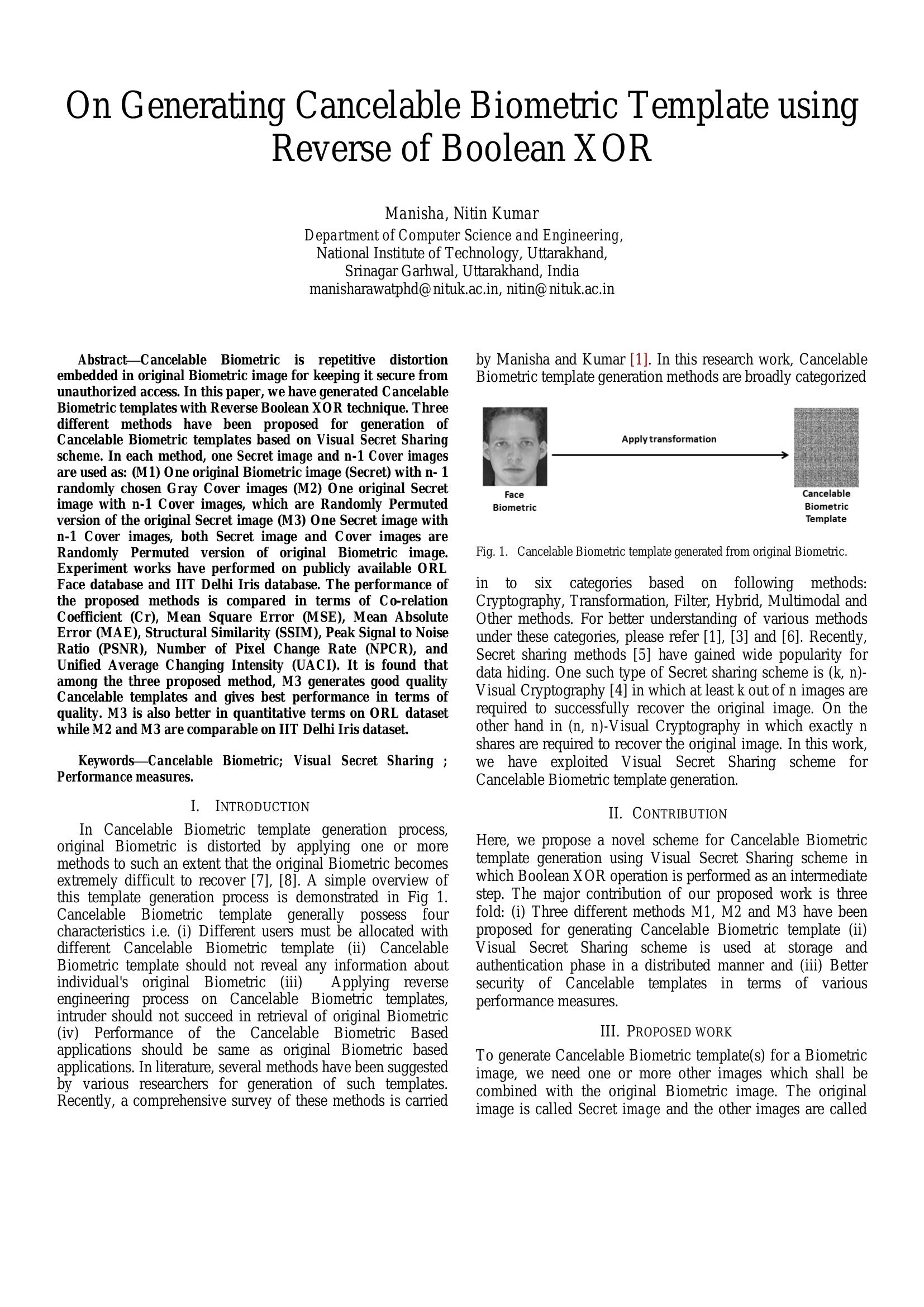 On Generating Cancelable Biometric Template using Reverse of Boolean XOR - 智源社区论文