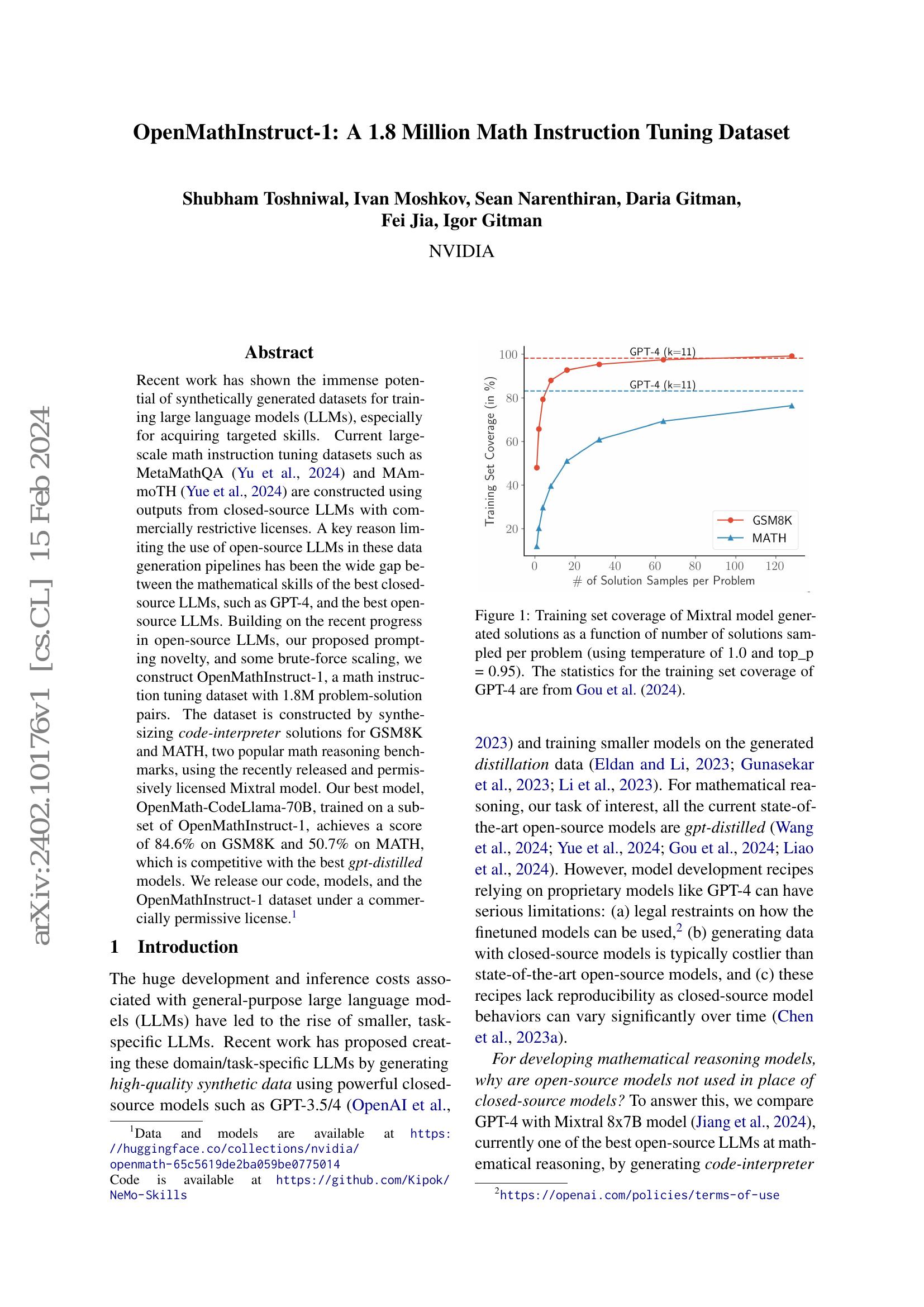 OpenMathInstruct-1: A 1.8 Million Math Instruction Tuning Dataset - 智源社区论文
